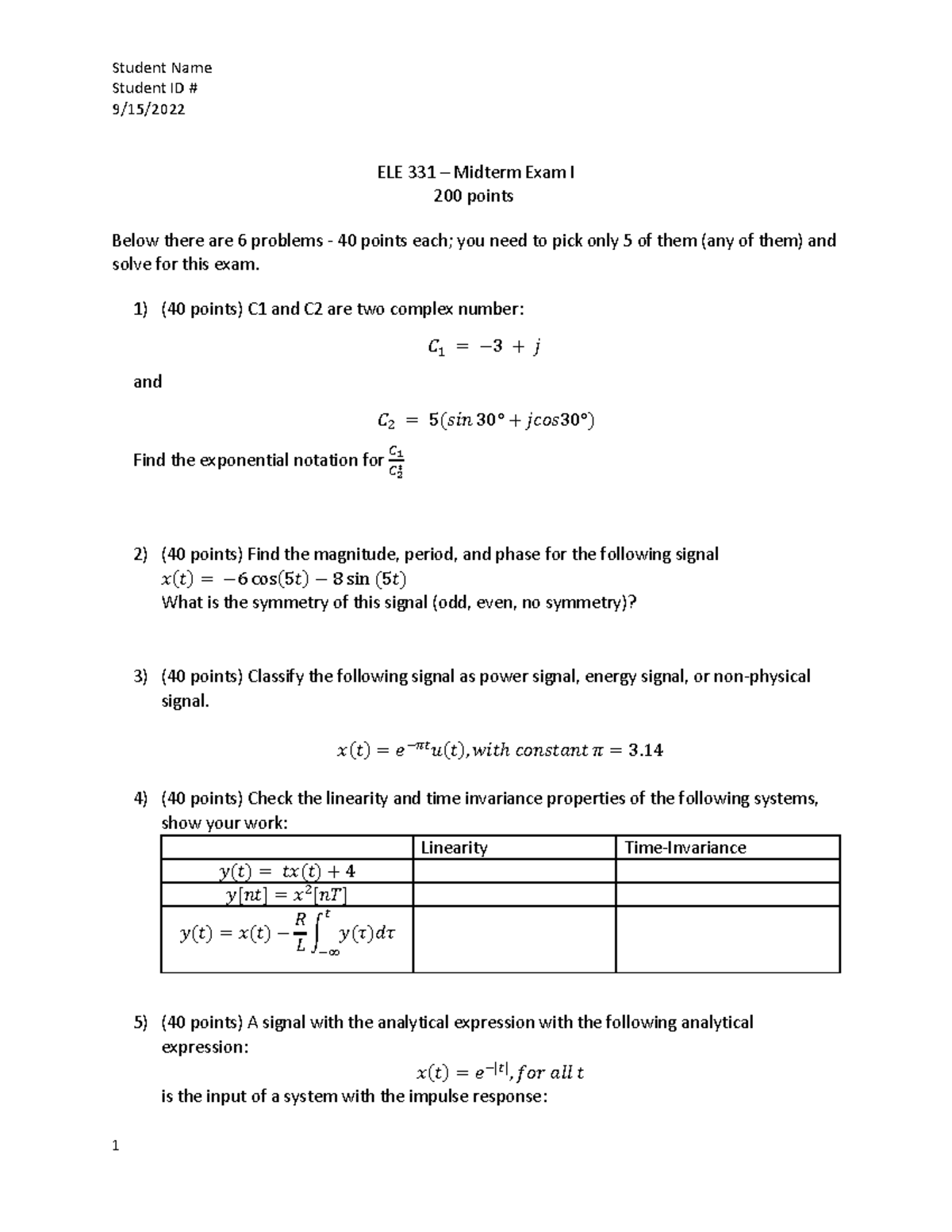 ELE331 Exam1 - Old exam to use for studying - Student ID 9/15/ ELE 331 ...
