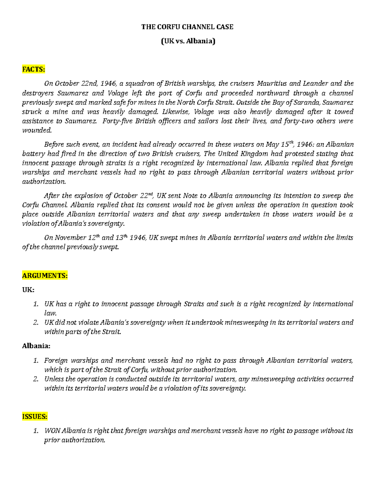 The Corfu Channel Case Digest - THE CORFU CHANNEL CASE (UK vs. Albania ...