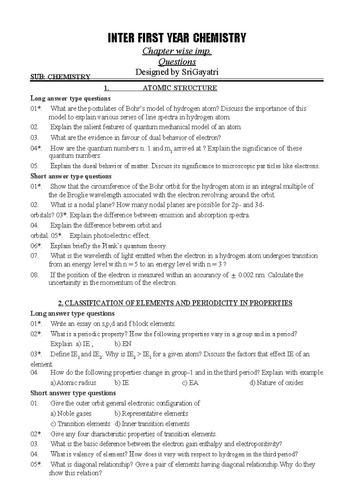 Jr chemistry chapter wise important questions part 1 - SUB: CHEMISTRY ...