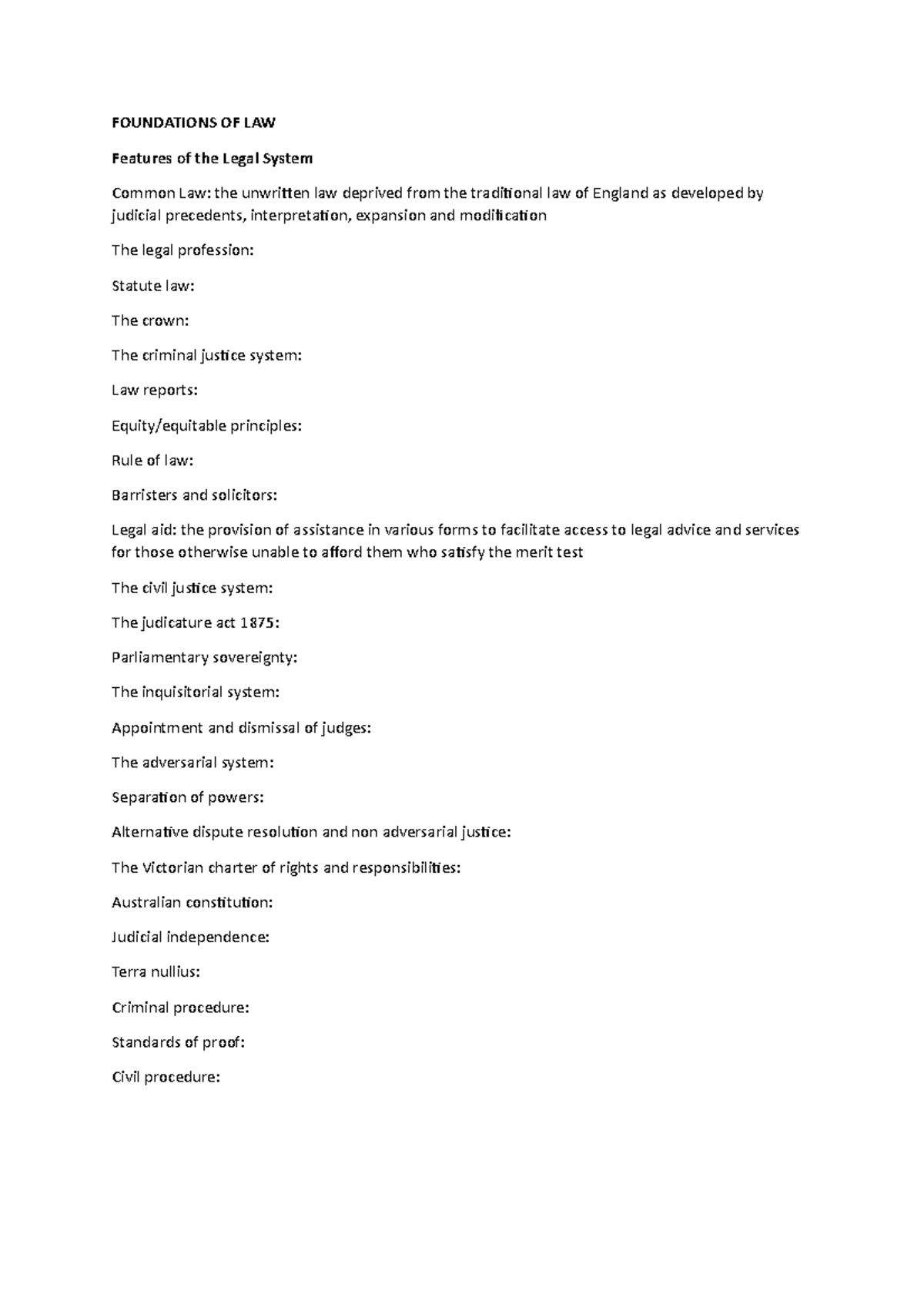 Foundations OF LAW - Lecture notes 1 - FOUNDATIONS OF LAW Features of ...