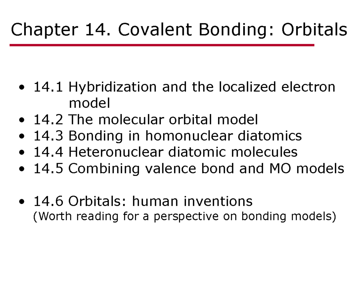 Chapter 14 Notes - Chapter 14. Covalent Bonding: Orbitals 14 ...