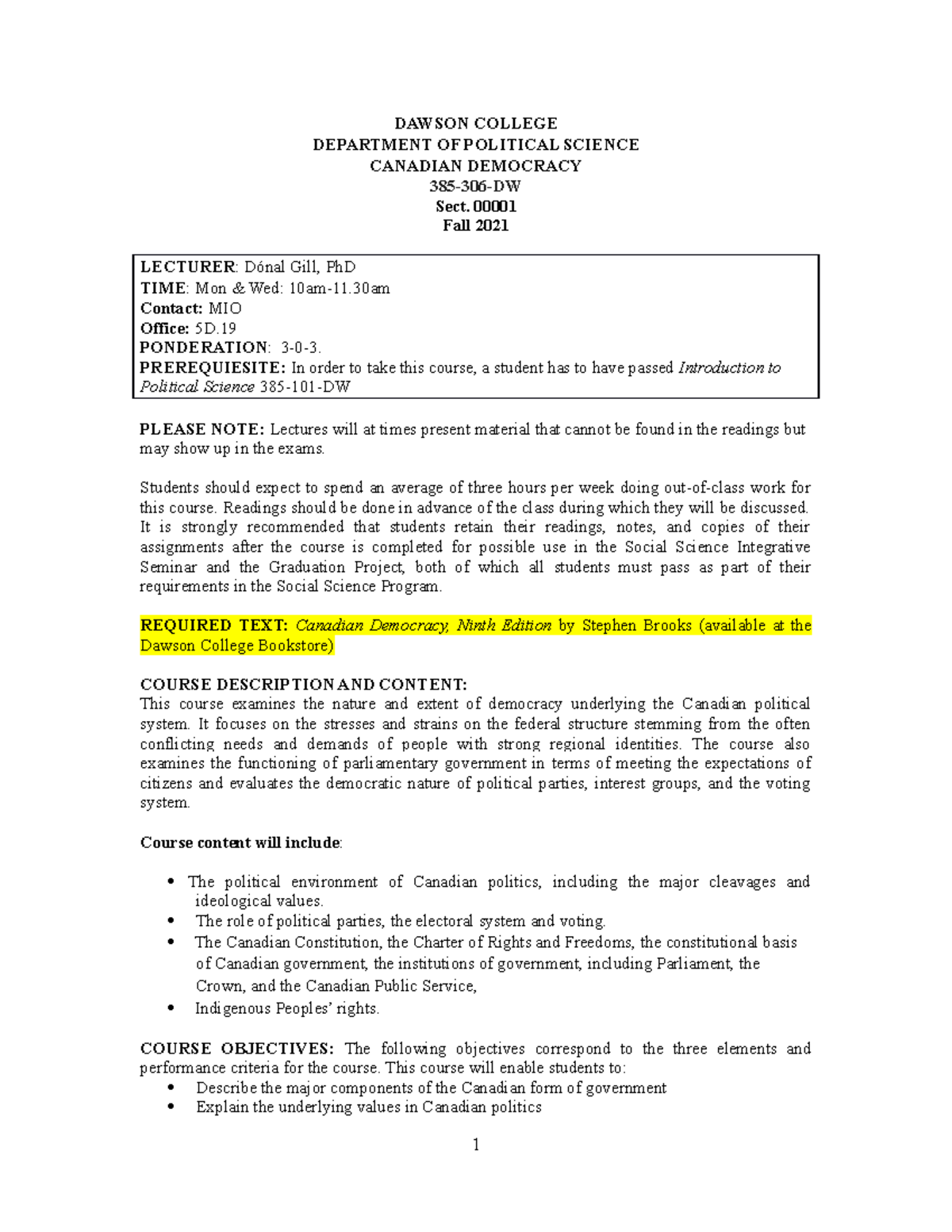 CD outline - DAWSON COLLEGE DEPARTMENT OF POLITICAL SCIENCE CANADIAN ...