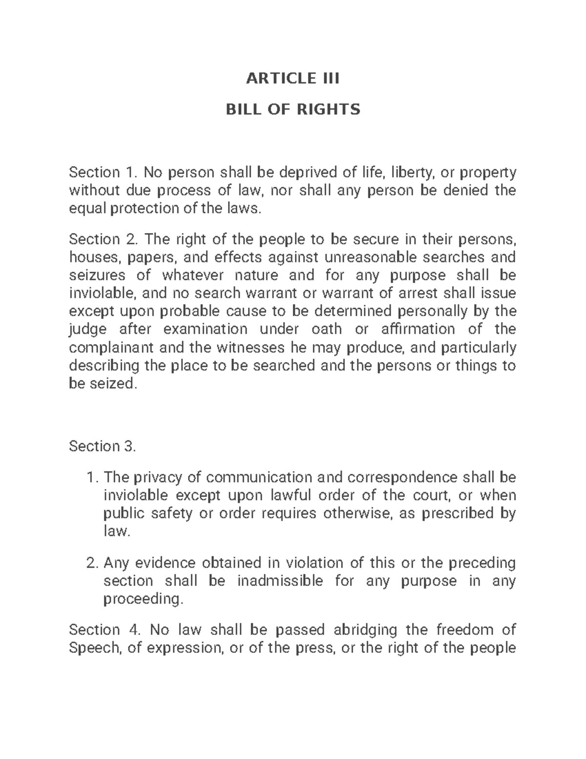 NSTP- BILL OF Rights - Nstp - ARTICLE III BILL OF RIGHTS Section 1. No person shall be deprived ...