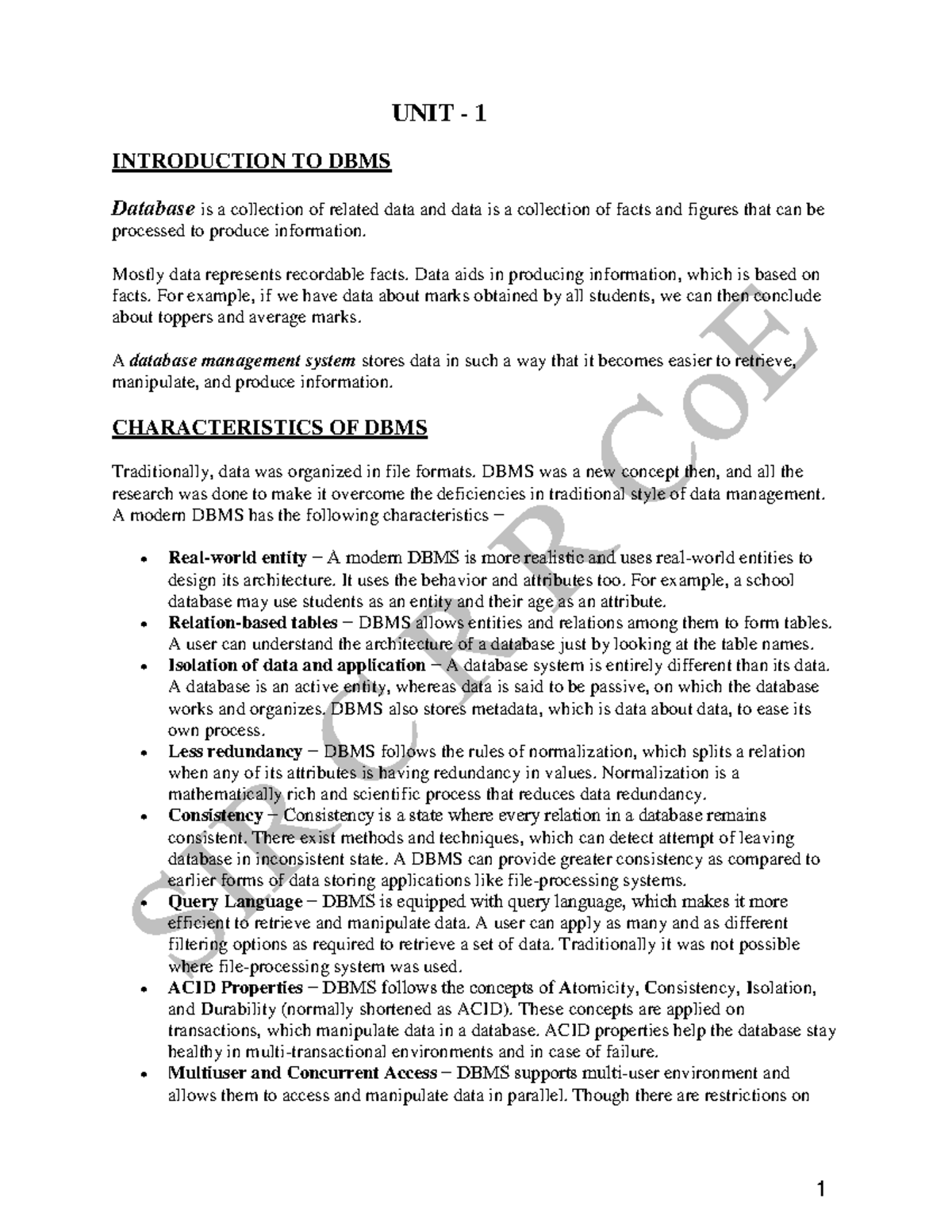 R19 DBMS Material removed - 1 INTRODUCTION TO DBMS UNIT - 1 Database is a collection of related ...