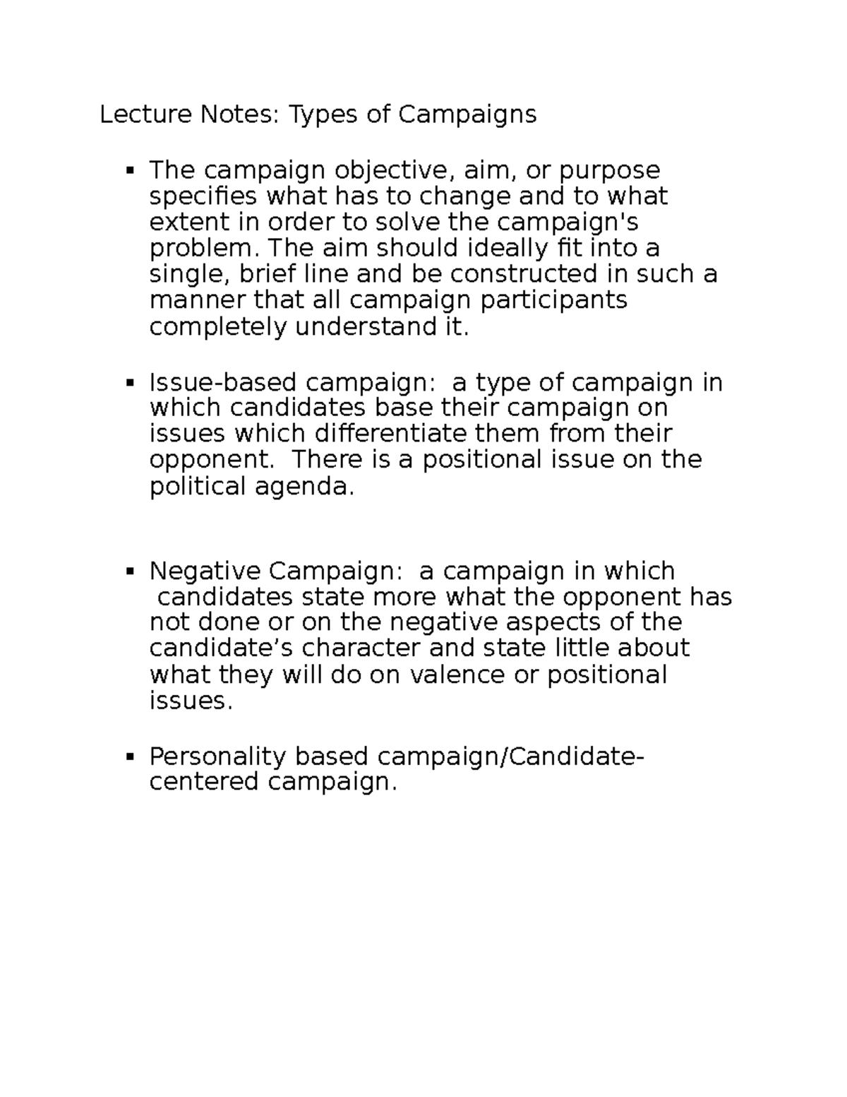 Campaign Types - Lecture Notes: Types of Campaigns The campaign ...