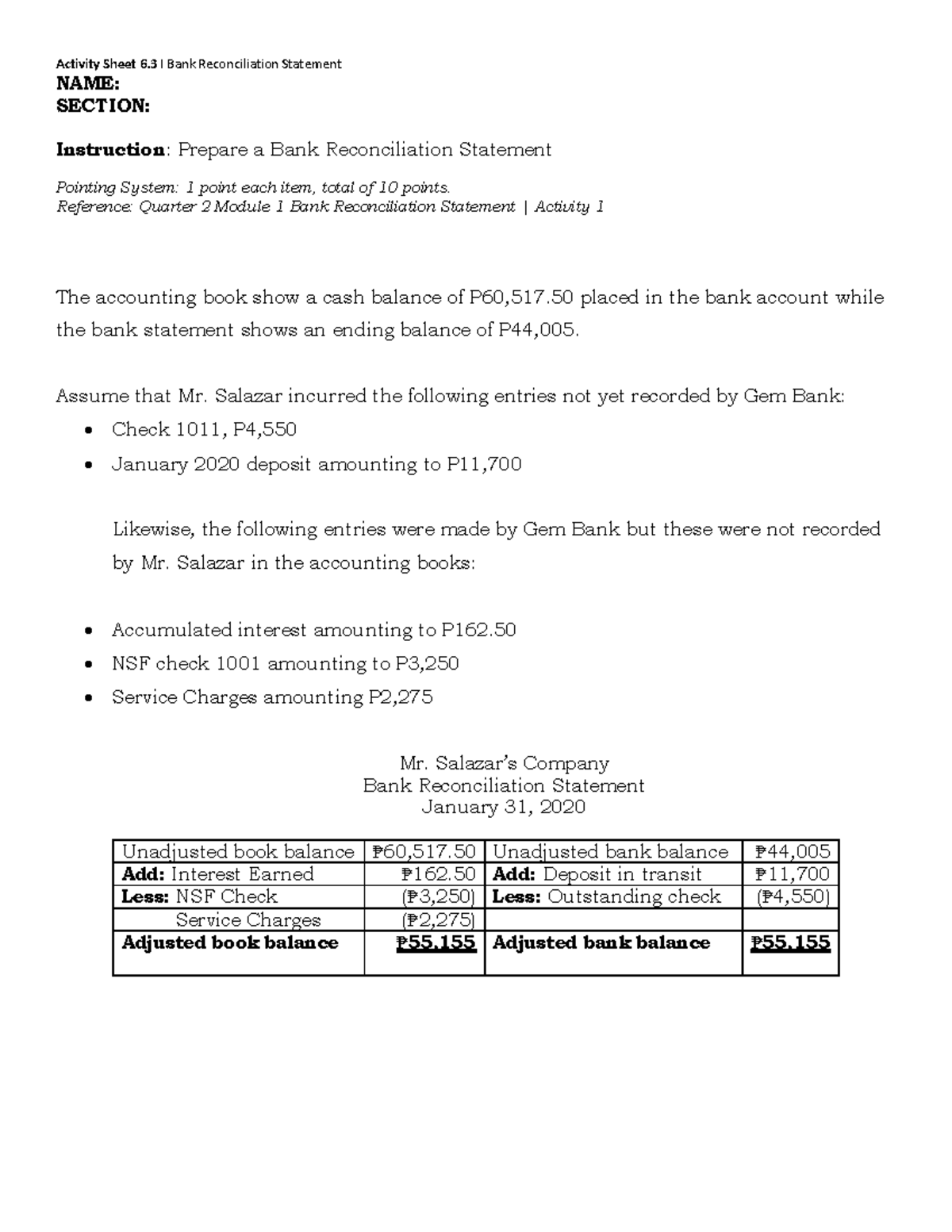 Activity 6 - Practice - Activity Sheet 6 NAME: I Bank Reconciliation ...