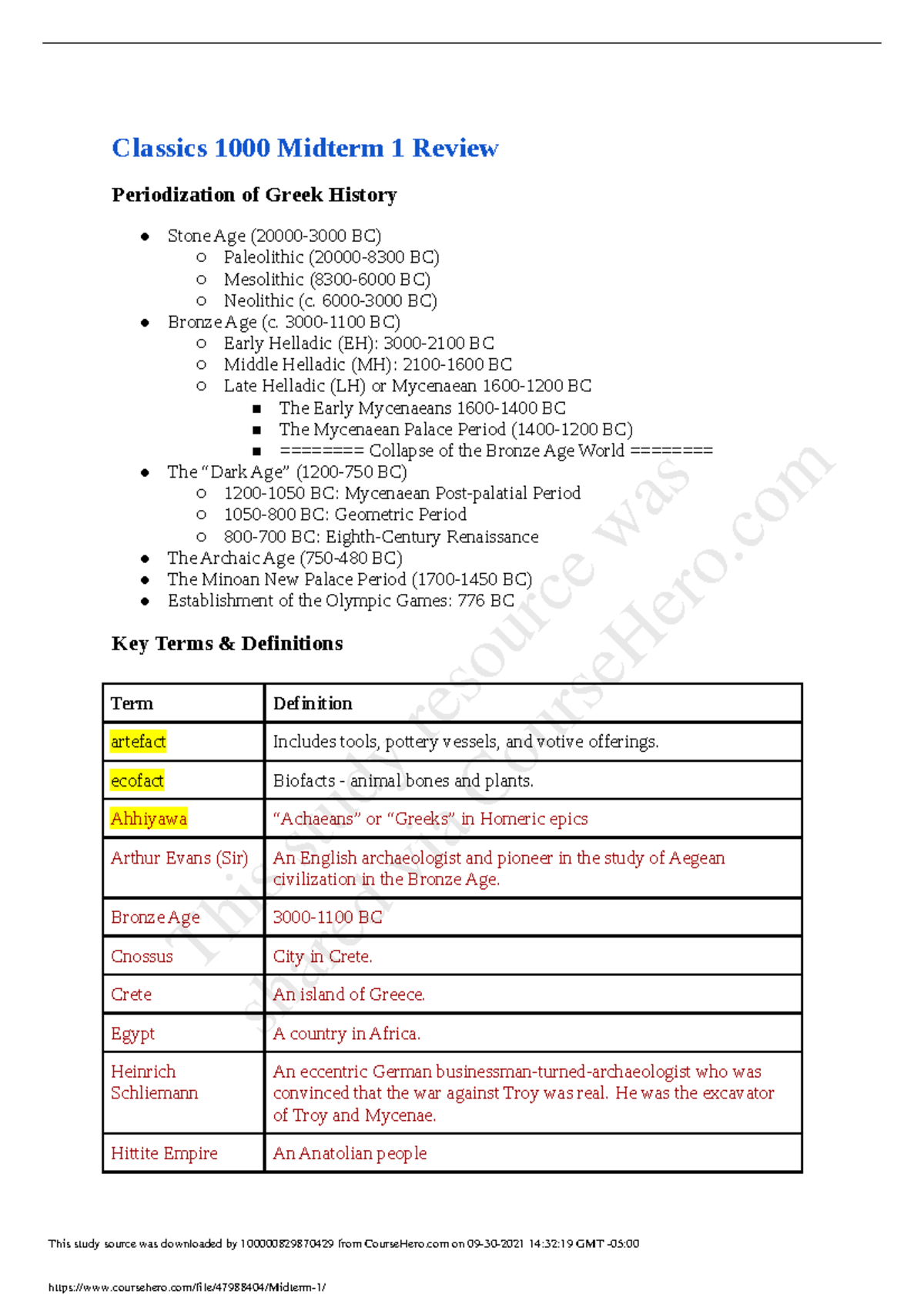 Midterm 1 - ergergergerg - Classics 1000 Midterm 1 Review Periodization ...