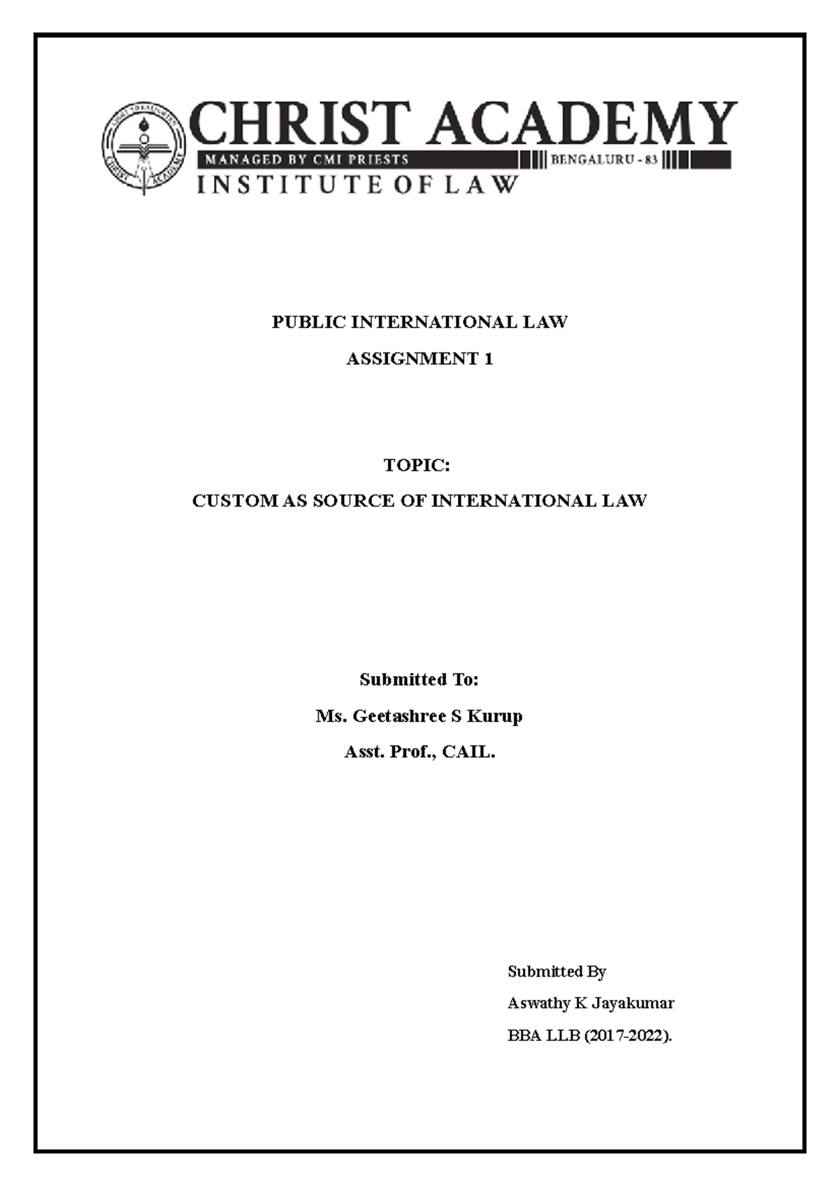 Assignment 1 - PIL - PUBLIC INTERNATIONAL LAW ASSIGNMENT 1 TOPIC ...