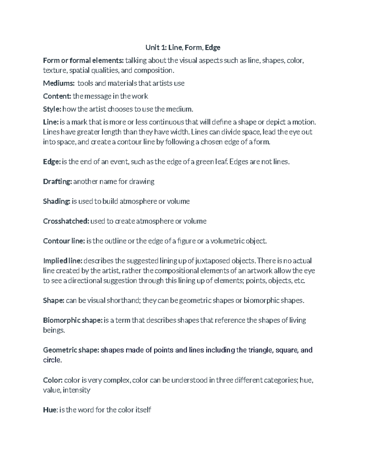 Unit 1 Visual Art Terms - Unit 1: Line, Form, Edge Form or formal ...