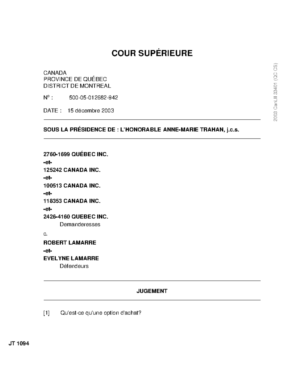 2760-1699 Québec in. c. Lamarre, 2003 canlii 33401 - COUR SUPÉRIEURE ...