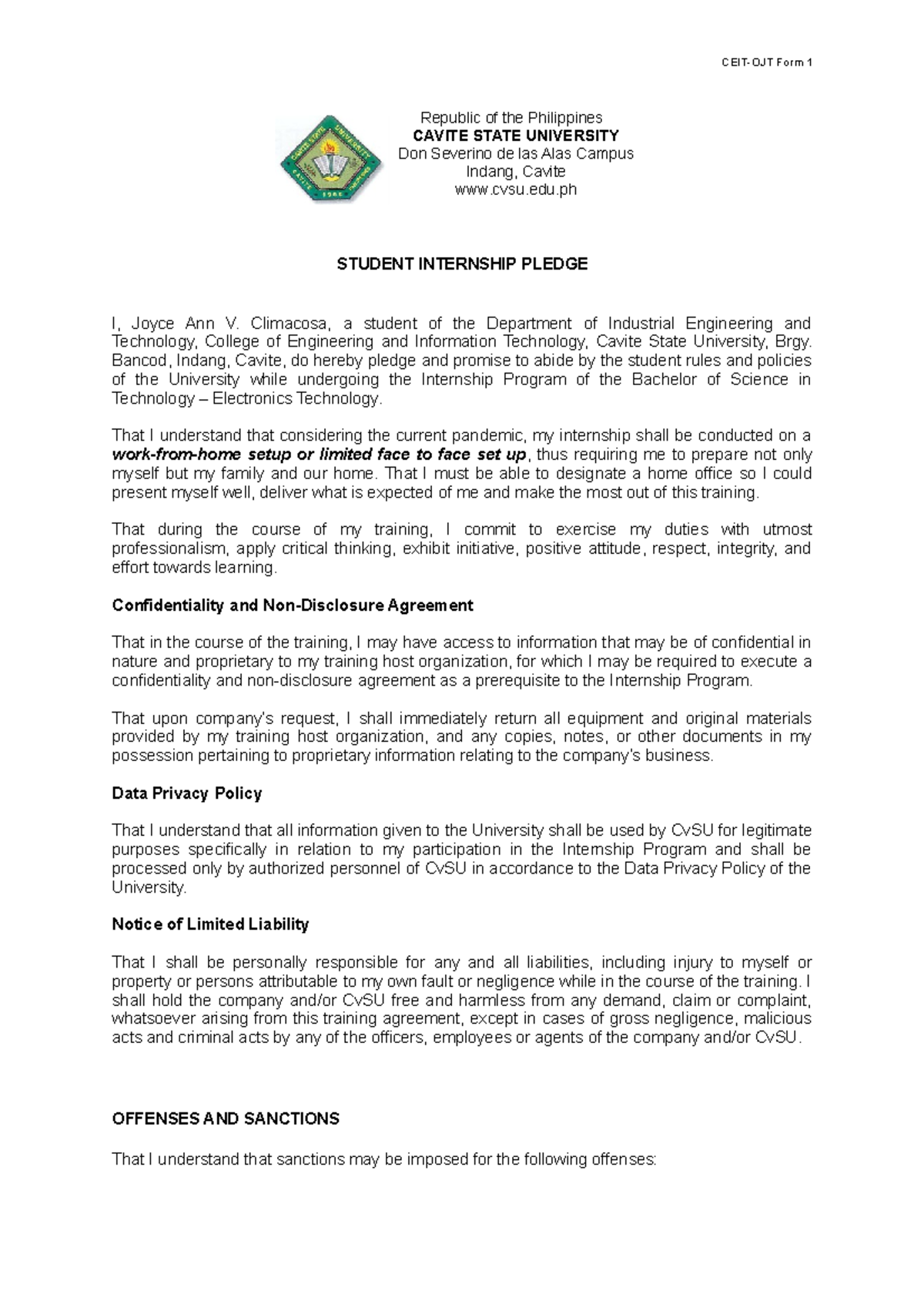 CEIT OJT FORM 1 Student Internship Pledge - CEIT-OJT Form 1 Republic of ...