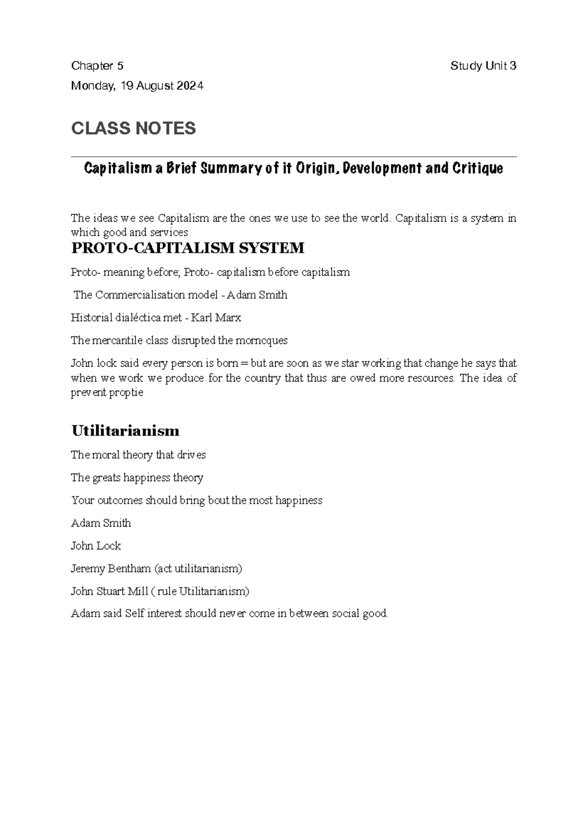 WVES 222 chapter 5 - Monday, 19 August 2024 CLASS NOTES Capitalism a ...