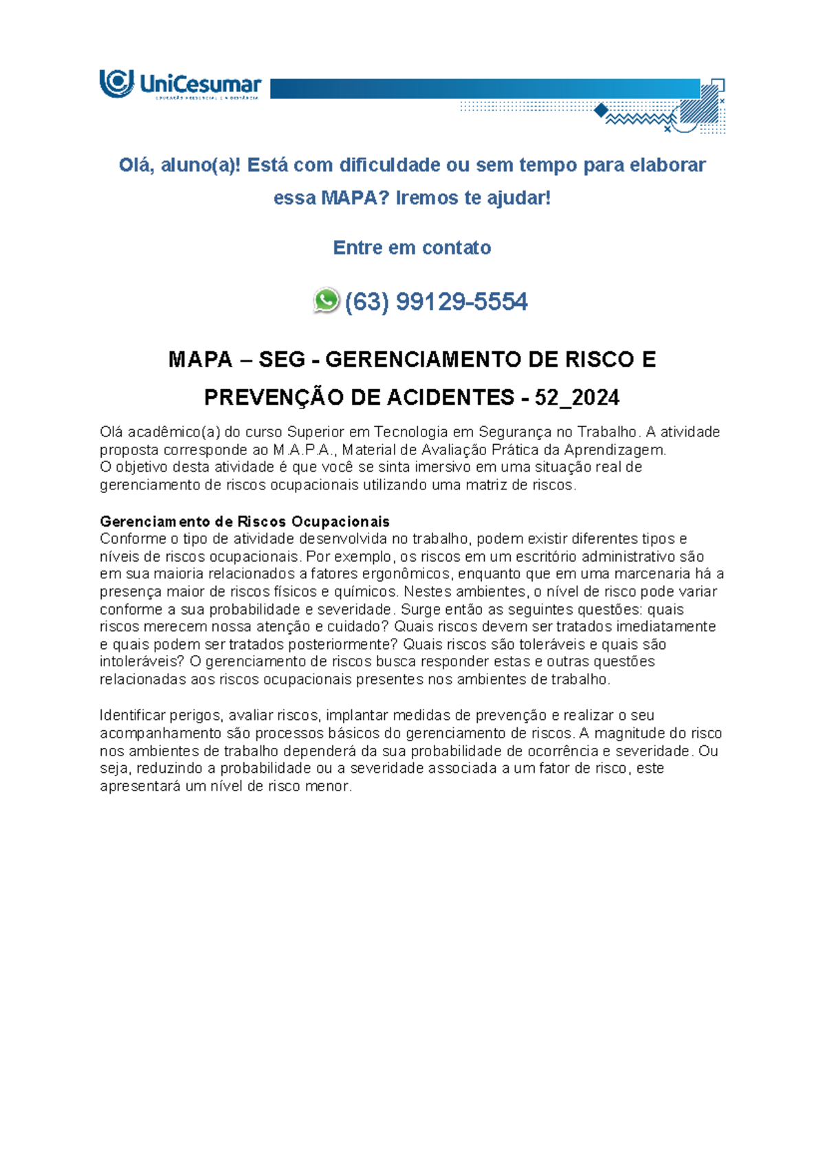 Gerenciamento de Riscos Ocupacionais Conforme o tipo de atividade ...