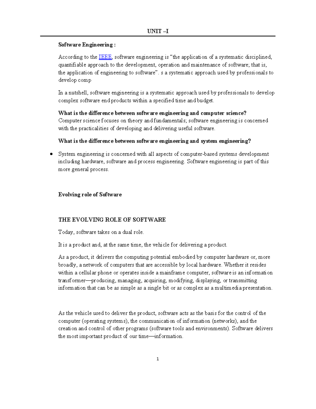 SE Unit 1 notes - UNIT –I Software Engineering : According to the IEEE ...