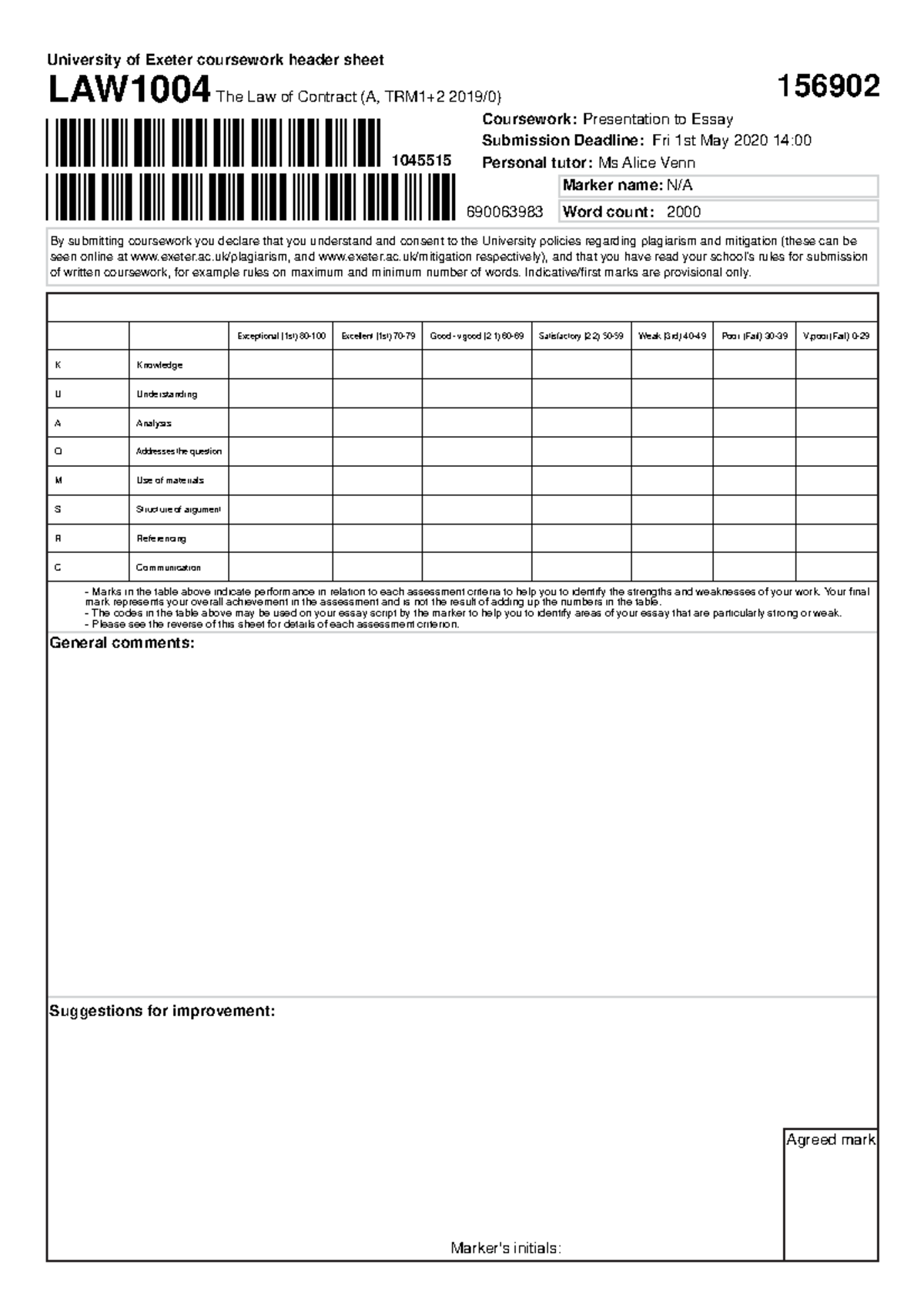 University of Exeter coursework header sheet 156902 LAW1004 The Law of ...