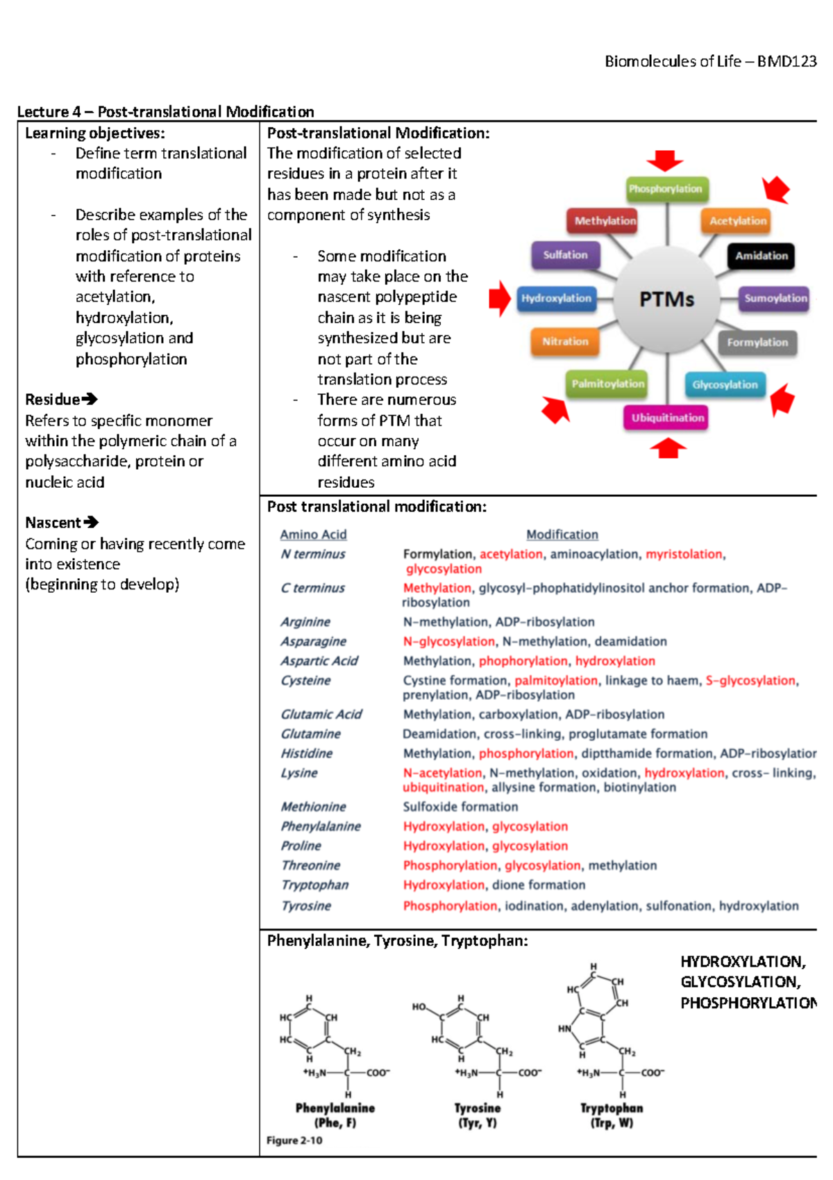 Lecture 4 - Post-translational modification - **Lecture 4 – Post ...