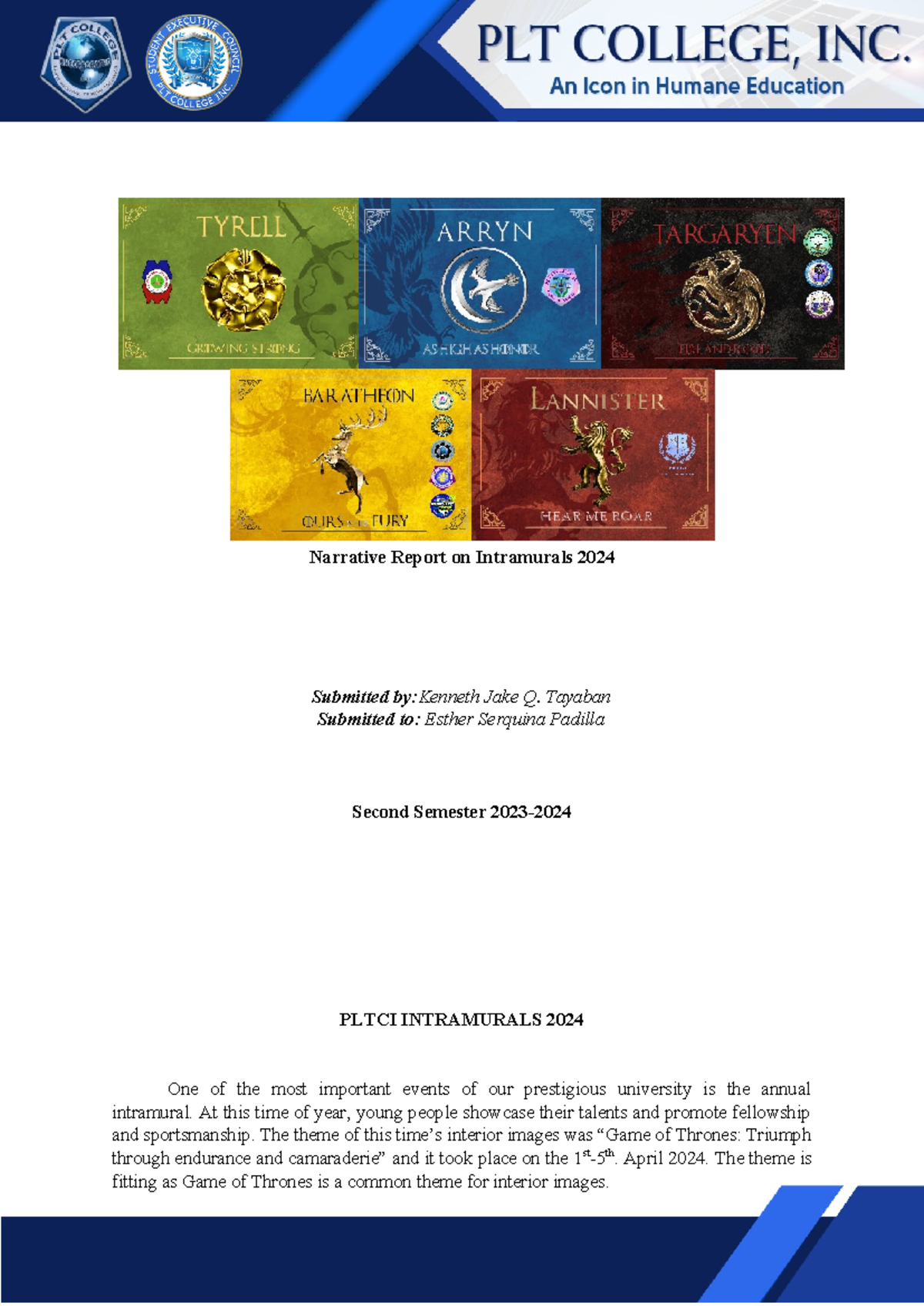 Kenneth Tayaban Intrams - Narrative Report on Intramurals 2024 ...