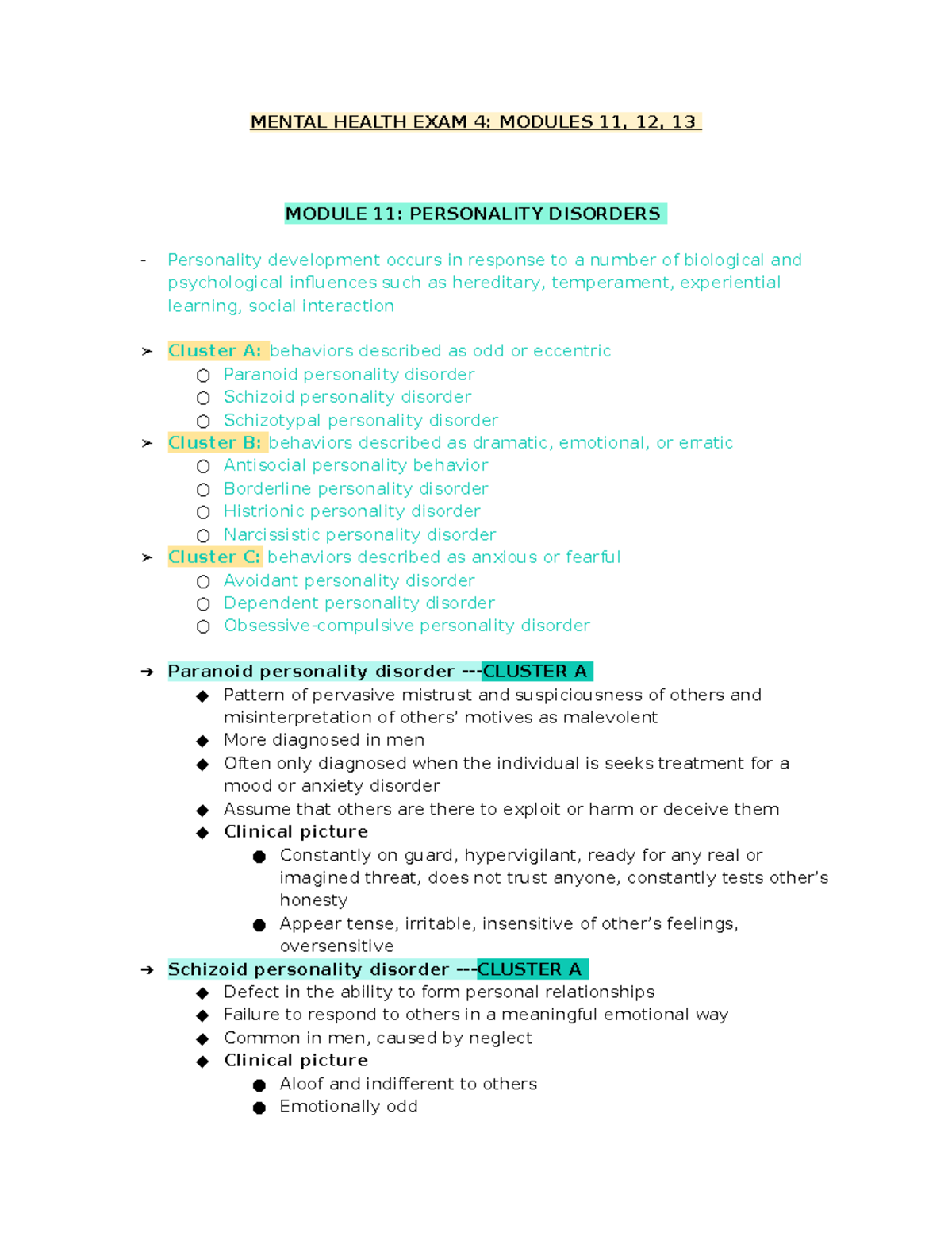 Mental health exam 4 - MENTAL HEALTH EXAM 4: MODULES 11, 12, 13 MODULE ...
