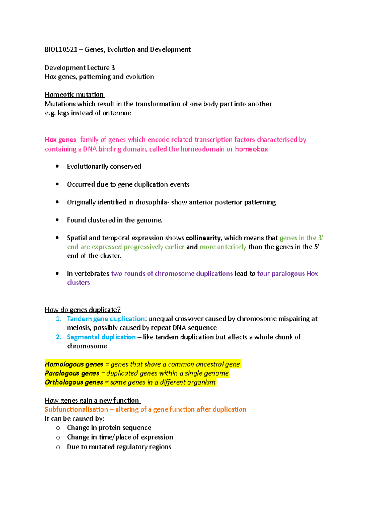 BIOL10521 GED; Development - Lecture 3 - BIOL10521 – Genes, Evolution ...