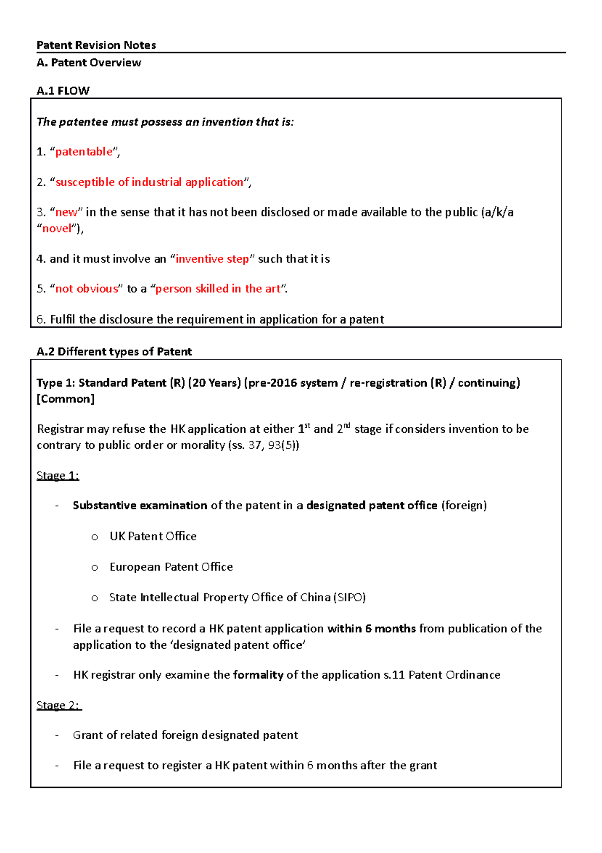 Patent Revision Notes - Patent Overview A FLOW The patentee must ...