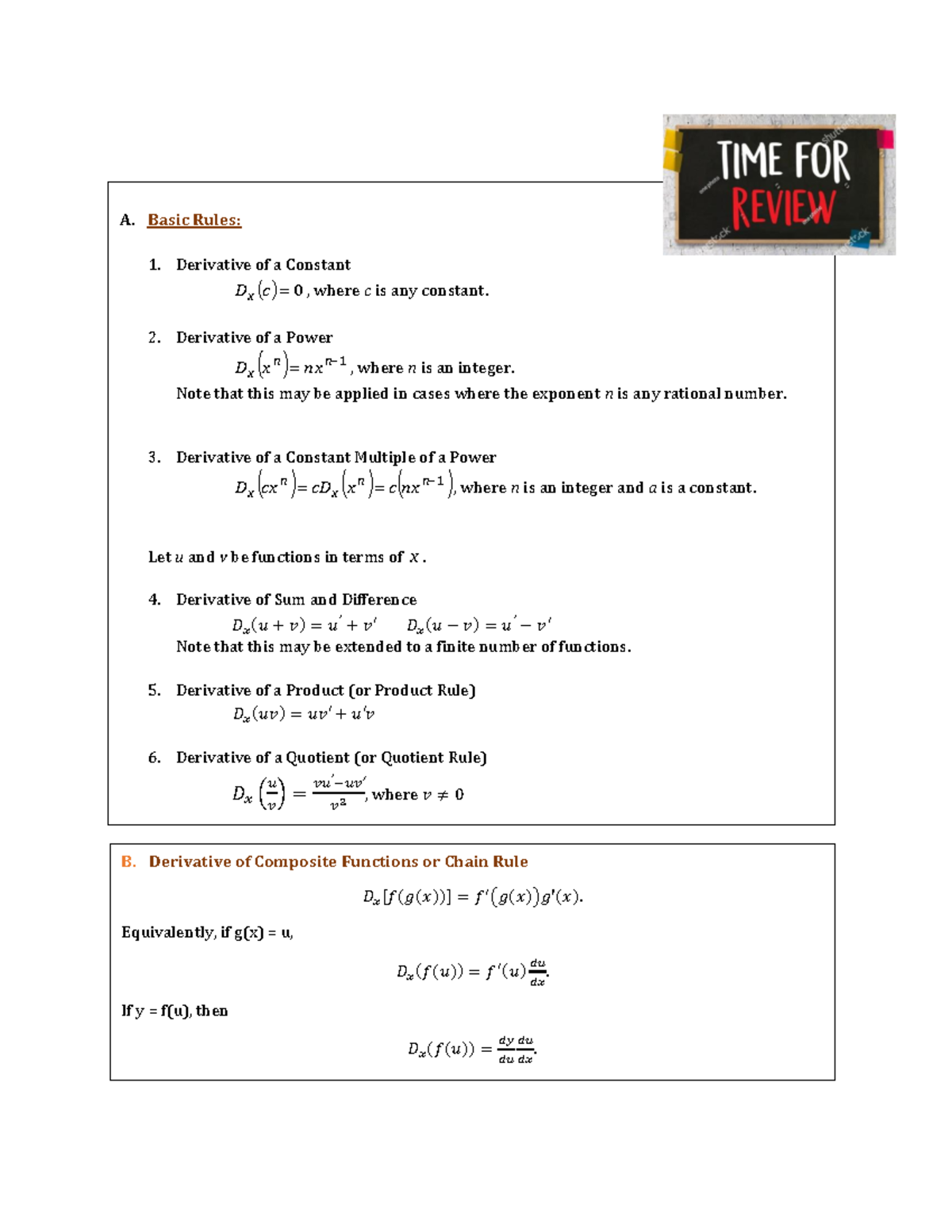 Differentiation Formulas up to Trigonometric - A. Basic Rules: 1 ...