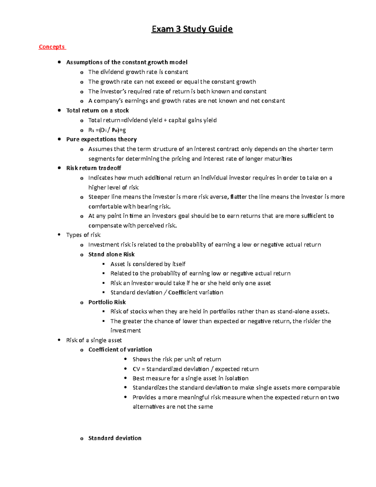 FINA 3724 Exam 3 Study Guide - Exam 3 Study Guide Concepts Assumptions ...