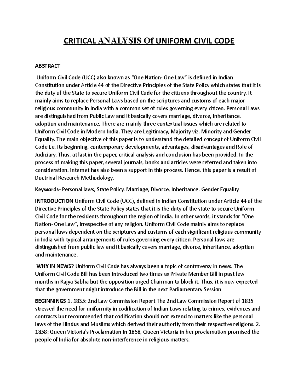 Uniform civil code - CRITICAL ANALYSIS Of UNIFORM CIVIL CODE ABSTRACT ...