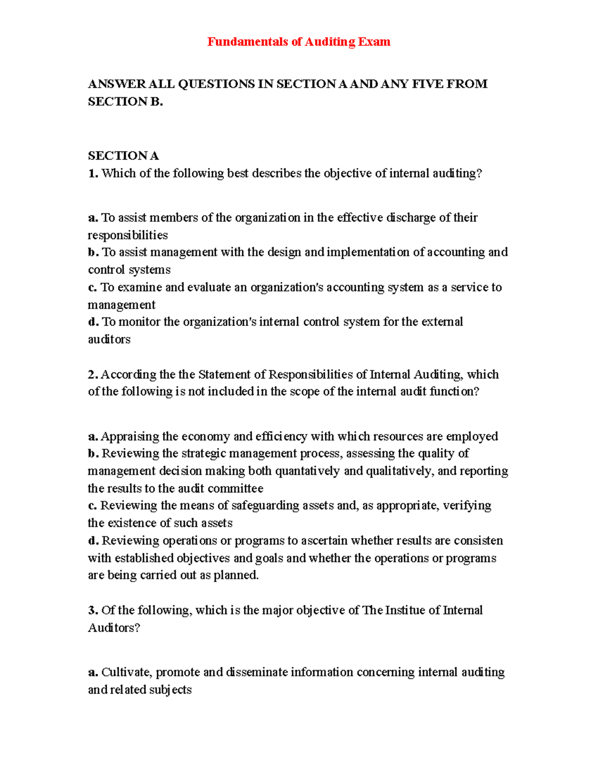 Auditing Exam - Fundamentals of Auditing Exam ANSWER ALL QUESTIONS IN ...
