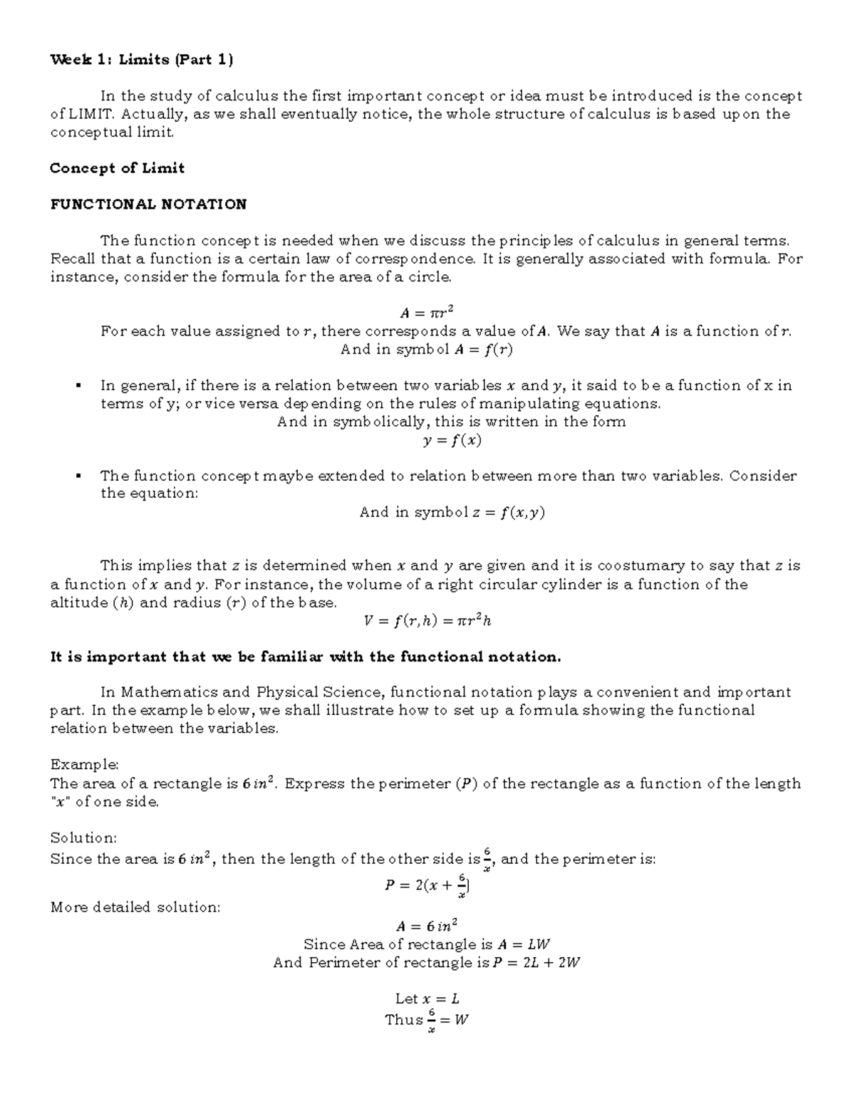 Limits-Part-1 - Teacher Dagwayan - Week 1: Limits (Part 1) In the study of calculus the first ...