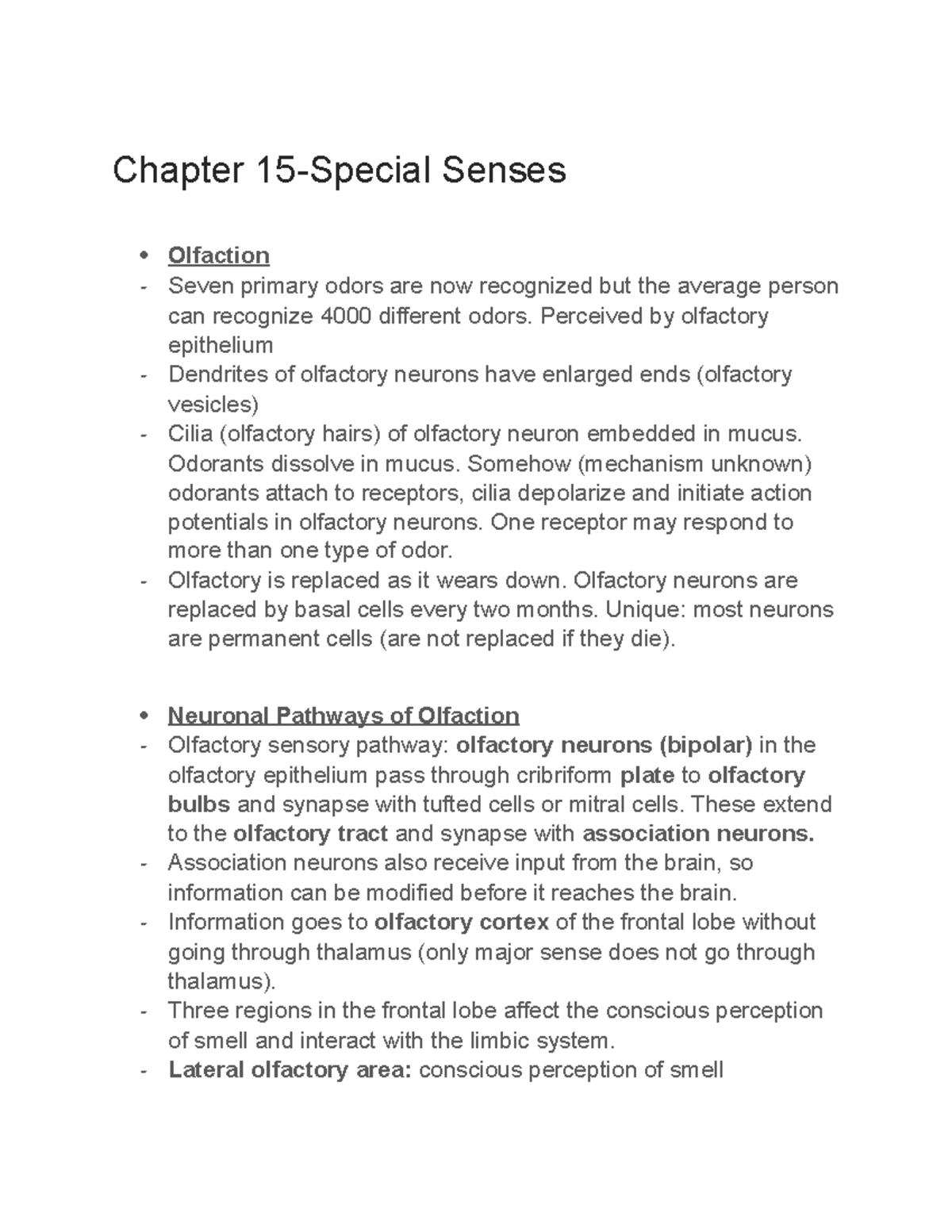 Chapter 15- Special Senses notes - Chapter 15-Special Senses Olfaction ...