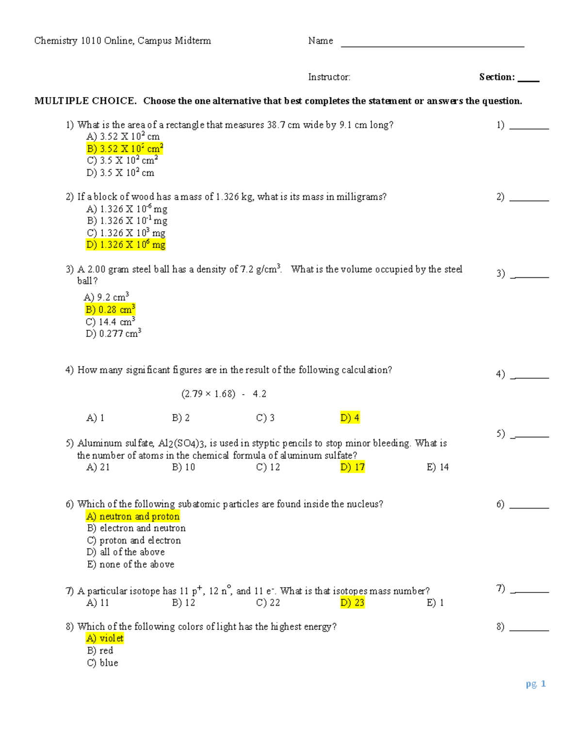 Midterm FA 21 - pg. 1 Chemistry 1010 Online, Campus Midterm Name ...