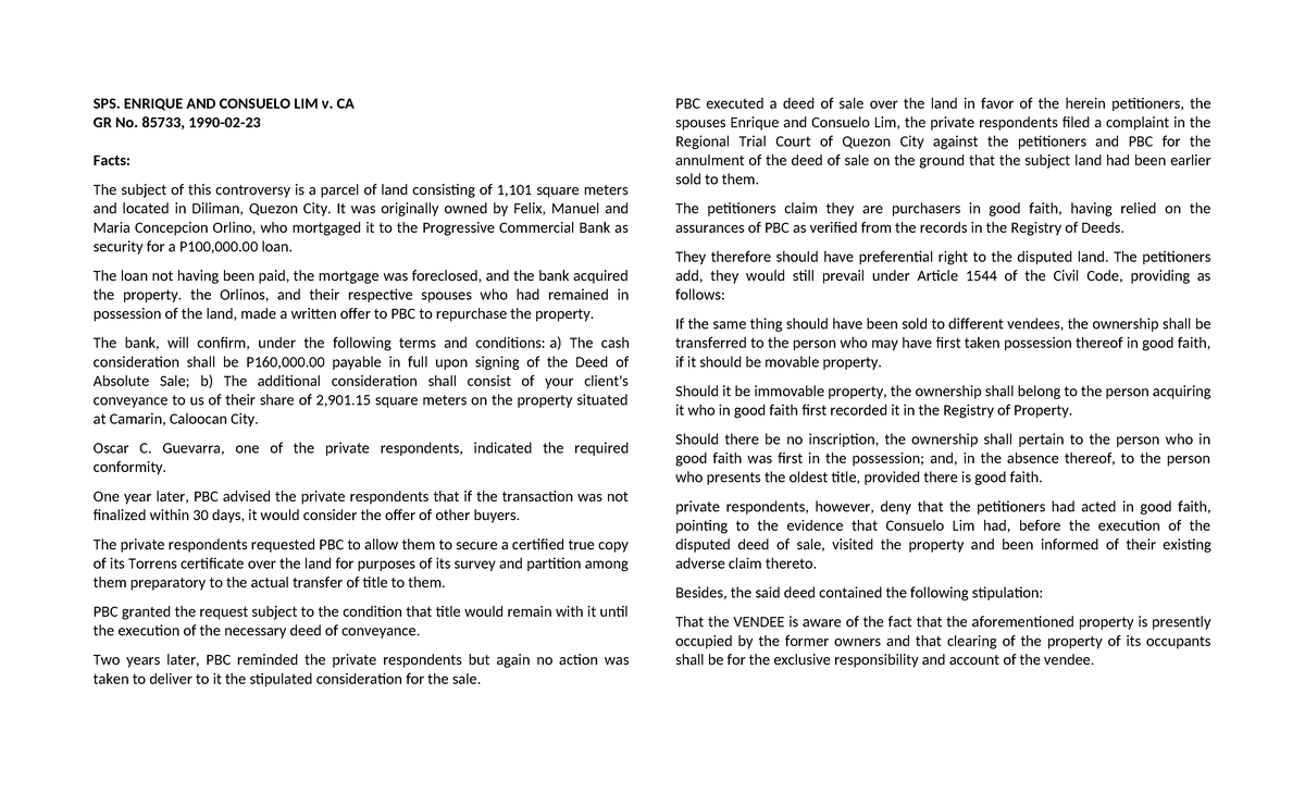 Lim vs CA digest - SPS. ENRIQUE AND CONSUELO LIM v. CA GR No. 85733 ...