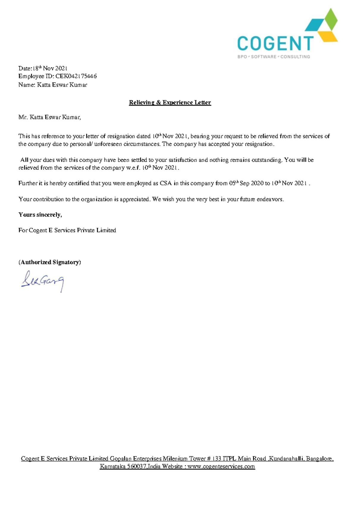 CEK042175446 Relieving Experience letter - Date:18th Nov 2021 Employee ...