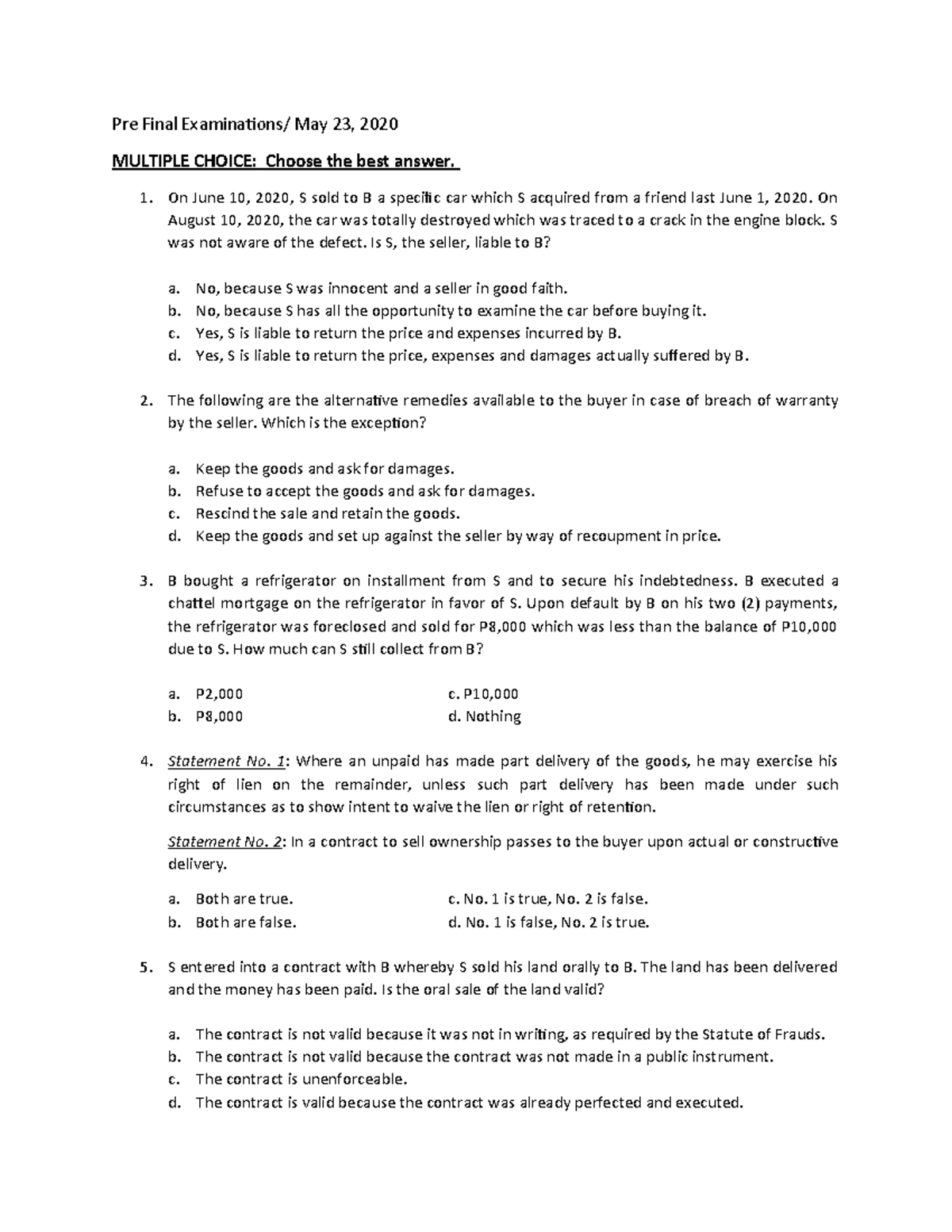 Pdfcoffee - Pre Final Examinations/ May 23, 2020 MULTIPLE CHOICE: Choose the best answer. On ...