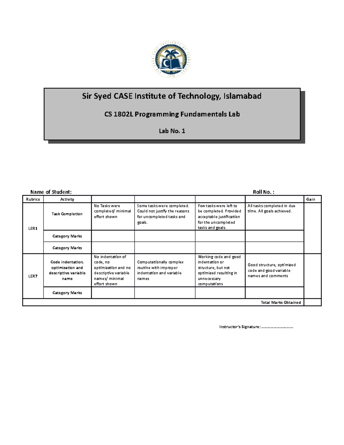 Lab 1 - Intro to C++ Lab Manual - Name of Student: Roll No. : Rubrics ...