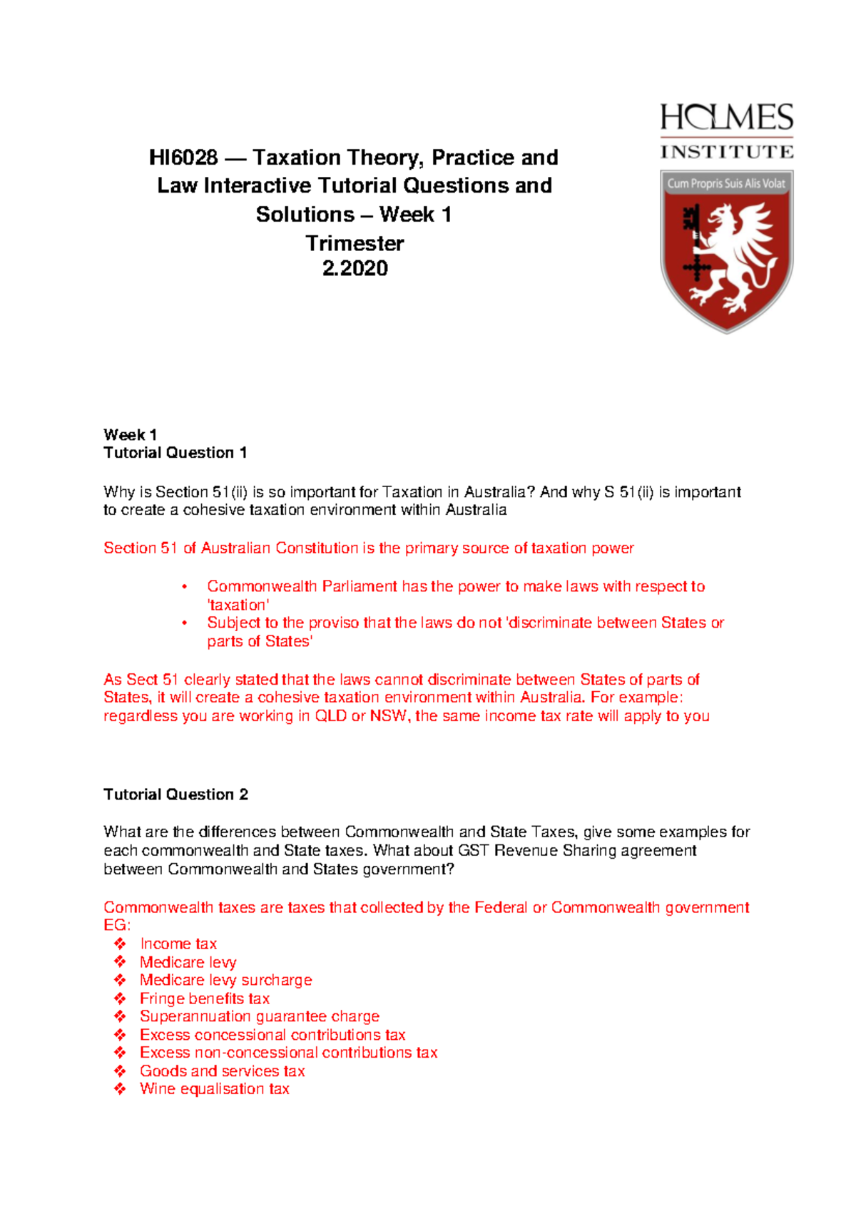 Taxation - Tutorial - HI6028 — Taxation Theory, Practice and Law Interactive Tutorial Questions ...