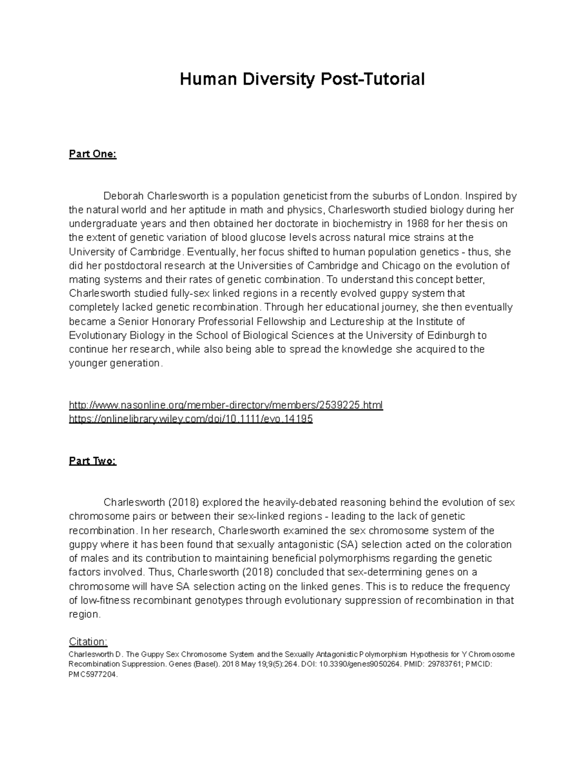 Biol 336 Post Tutorial Assignment Human Diversity Post Tutorial Part One Deborah Charlesworth 