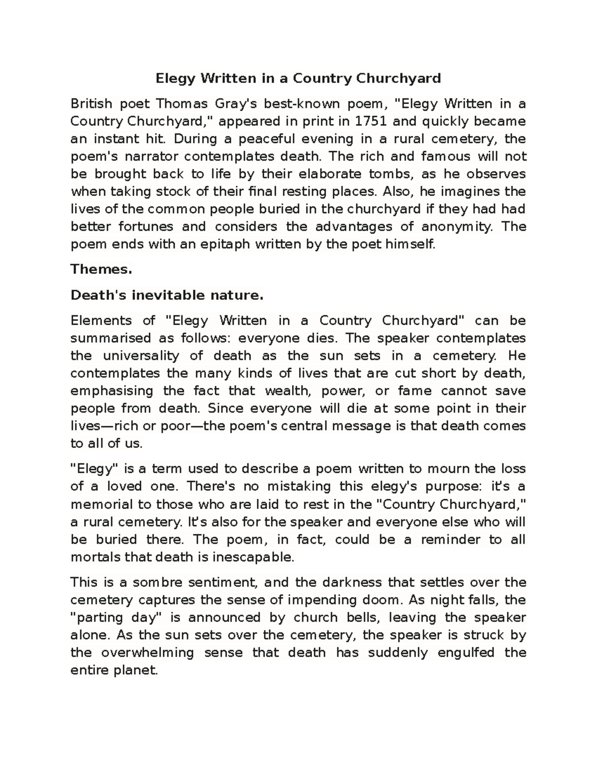 Elegy Written in a Country Churchyard - During a peaceful evening in a ...