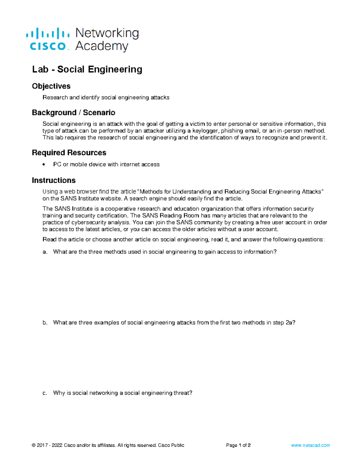 Social Engineering - assignment - © 2017 - 2022 Cisco and/or its ...