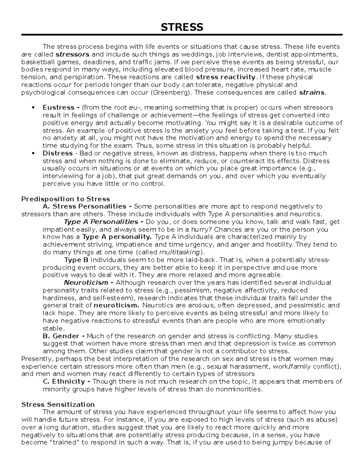 HO8 Stress - STRESS The stress process begins with life events or ...