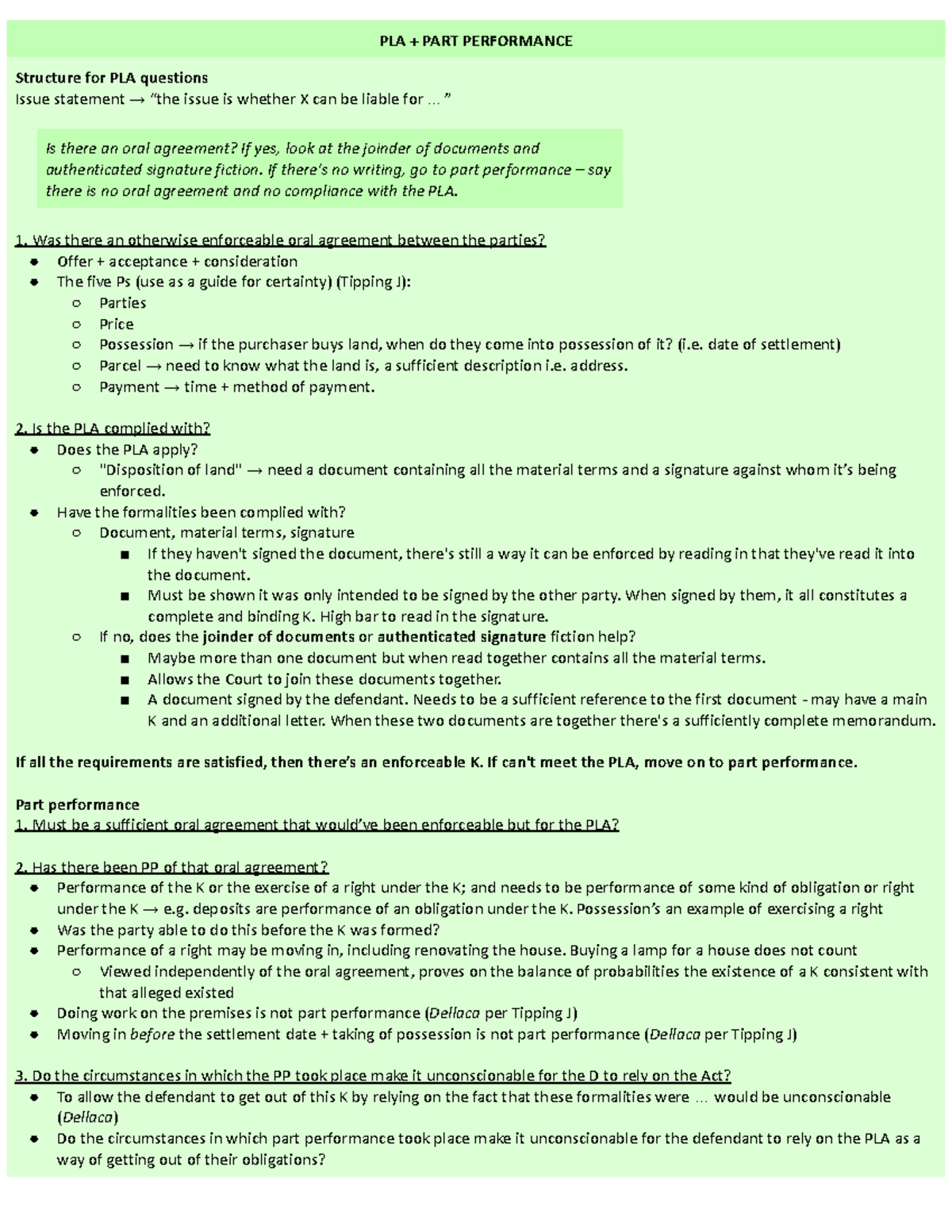 Laws211 Test 2 Cheat Sheet Pla Part Performance Structure For Pla Questions Issue Statement