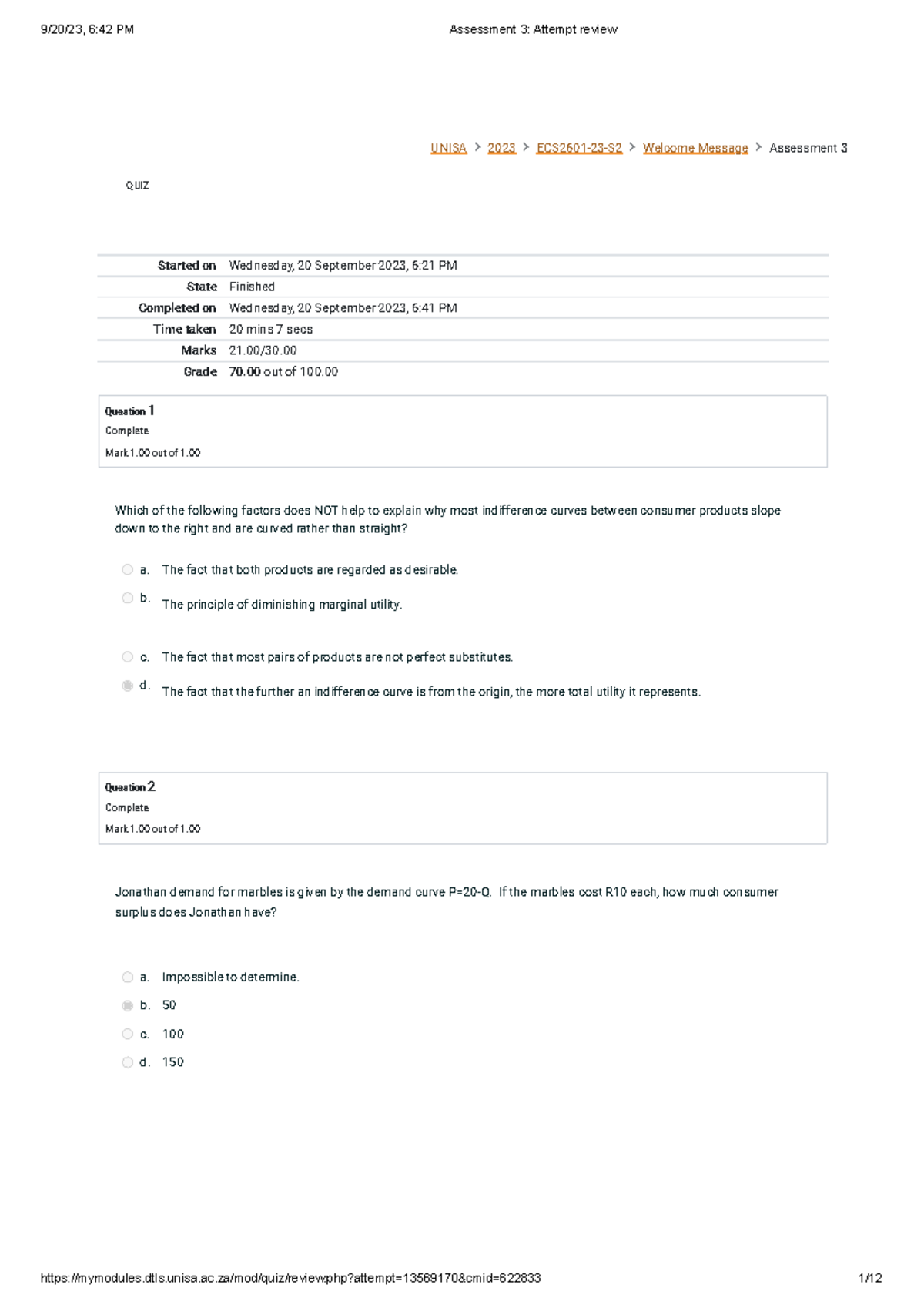 ECS2601 Assessment 3 Attempt review - UNISA 2023 ECS2601-23-S2 Welcome ...