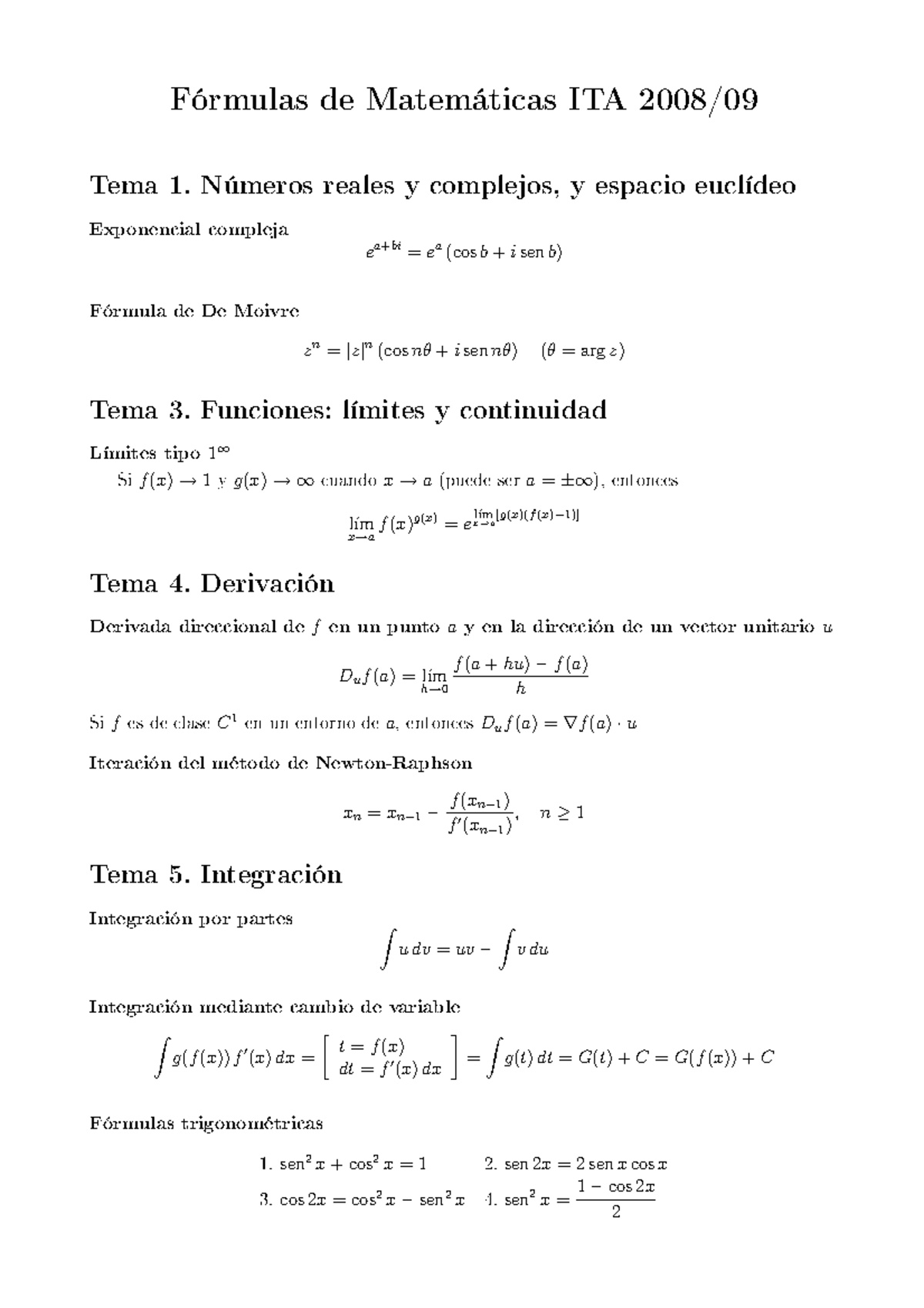 Formulario de Matematicas ITA - Fórmulas de Matemáticas ITA 2008/ Tema ...
