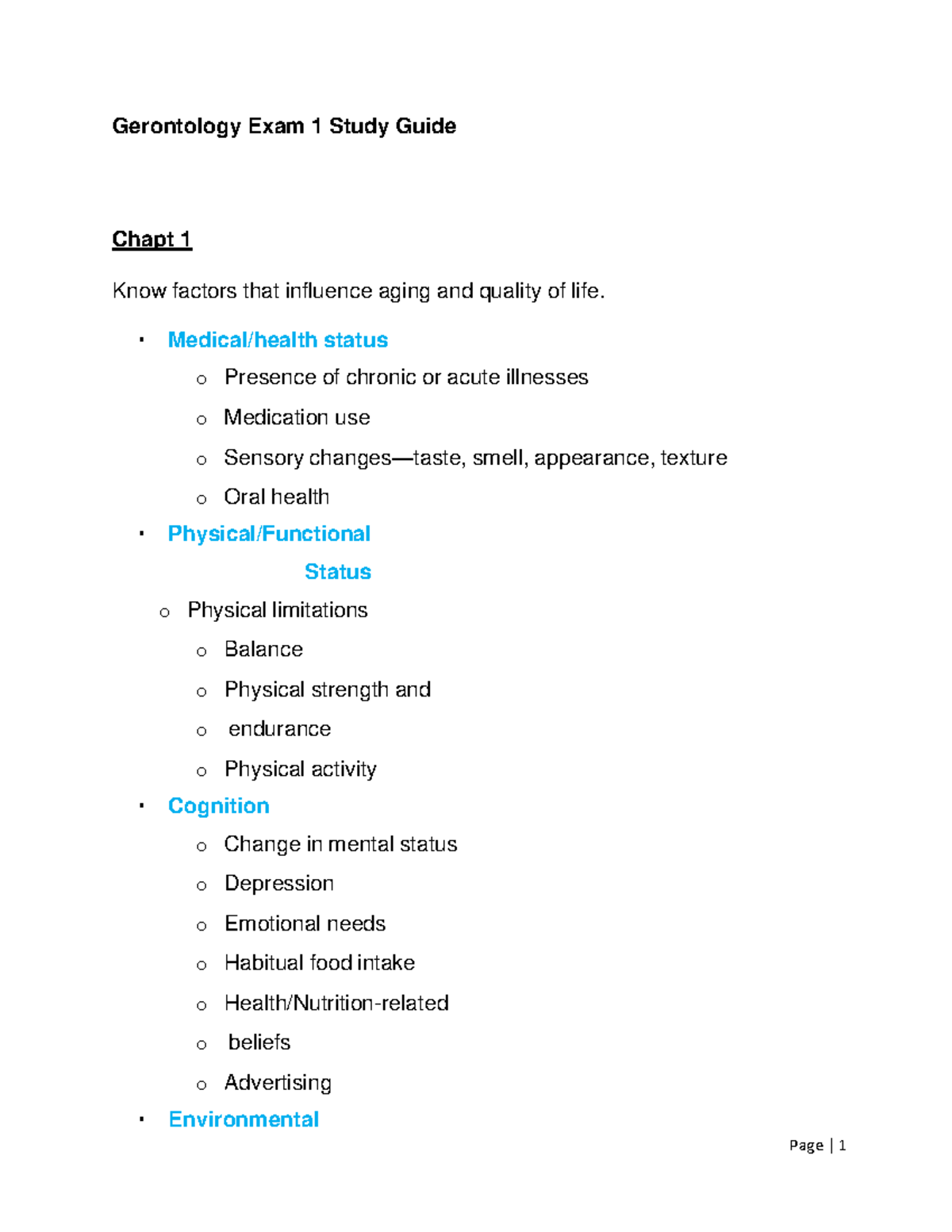 Gerontology Exam 1 Study Guide - Gerontology Exam 1 Study Guide Chapt 1 ...