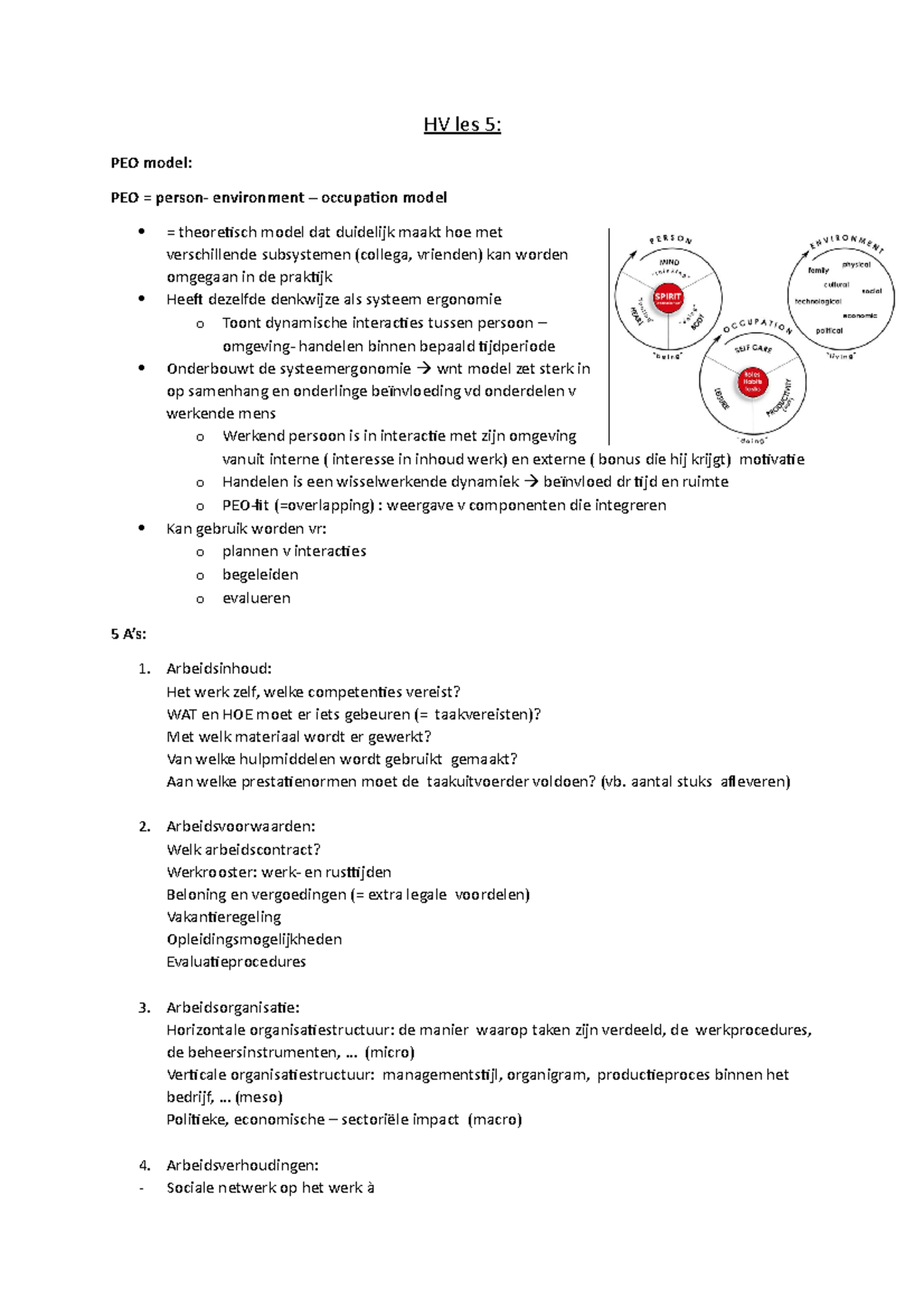 HV-les-5 - onderwijs - HV les 5: PEO model: PEO = person- environment ...