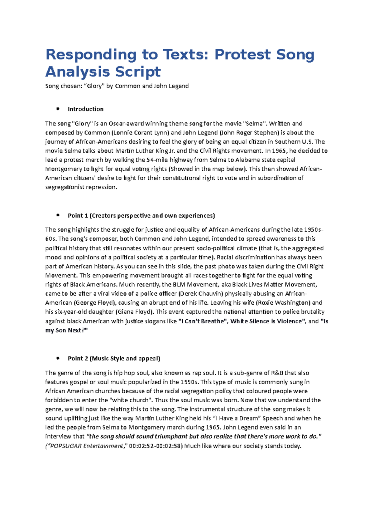 Song Presentation - Song notes - Responding to Texts: Protest Song ...