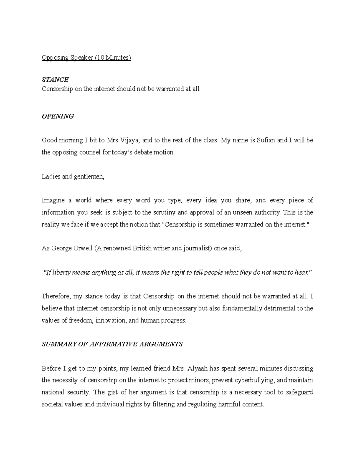 EFL Debate Script - Opposing Speaker (10 Minutes) STANCE Censorship on ...