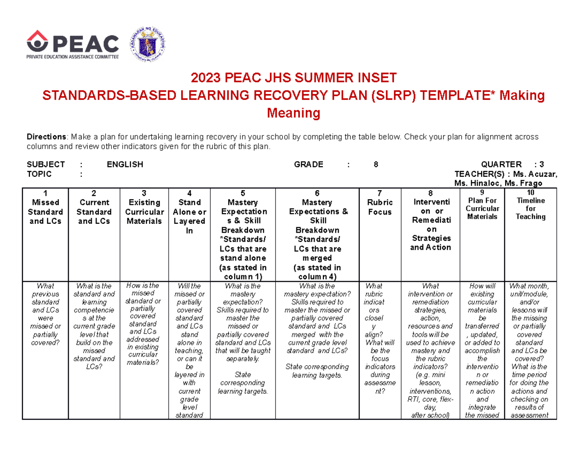 HO S2.6 SLRP Blank Template for Make-Meaning - 2023 PEAC JHS SUMMER ...