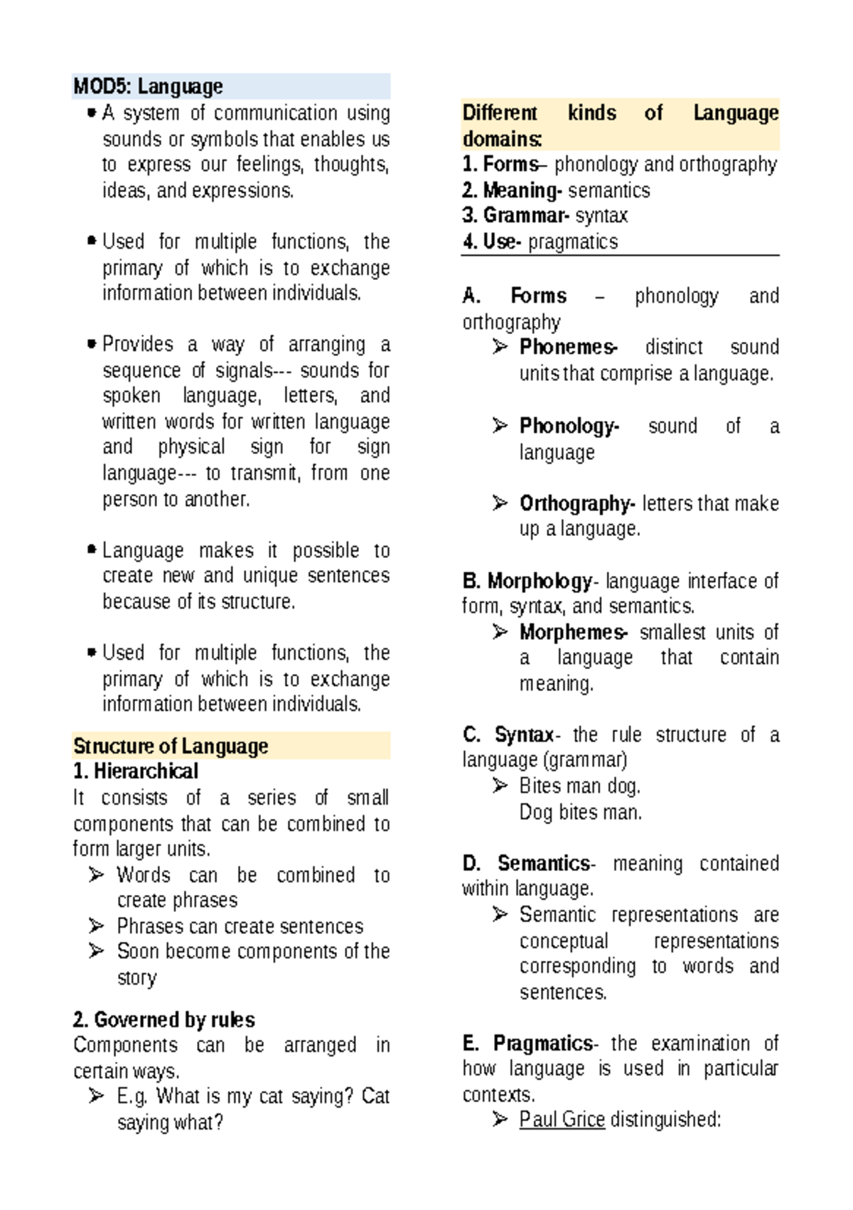 MOD5- Cogpsy - Cognitive Psychology Notes - MOD5: Language A system of ...