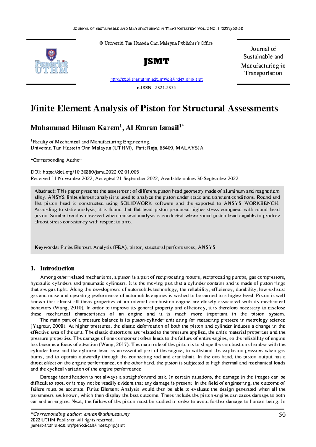 Finite Element Analysis of Piston for Structural - JOURNAL OF ...